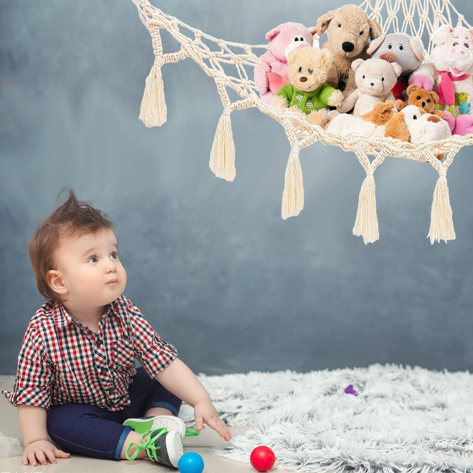 Stuffed Animal Net or Hammock Toy Hammock Macrame Large Corner Mesh Toy Storage Hanging Wall, Stuffed Animal Holder Nursery Organizer for Kids Bedroom (Beige)