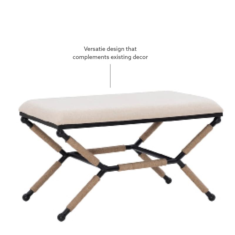 Linon Anna Campaign Accent Bench Black Metal Legs with Rope Detail in Cream
