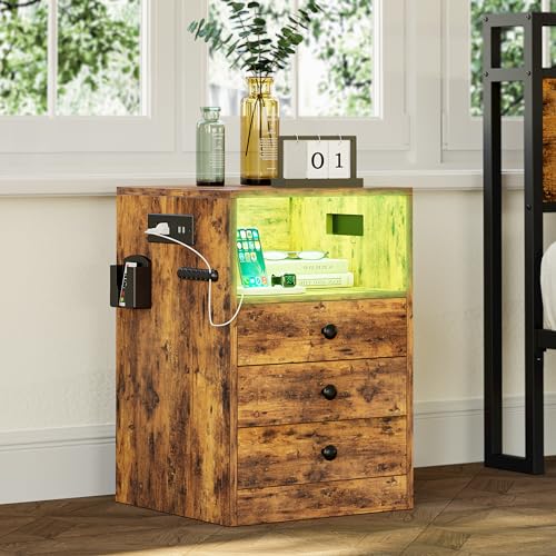 LIKIMIO Nightstand with Charging Station and 3 Drawers, LED Lights End Side Table with interchangeable sockets and Hooks, Vintage Brown
