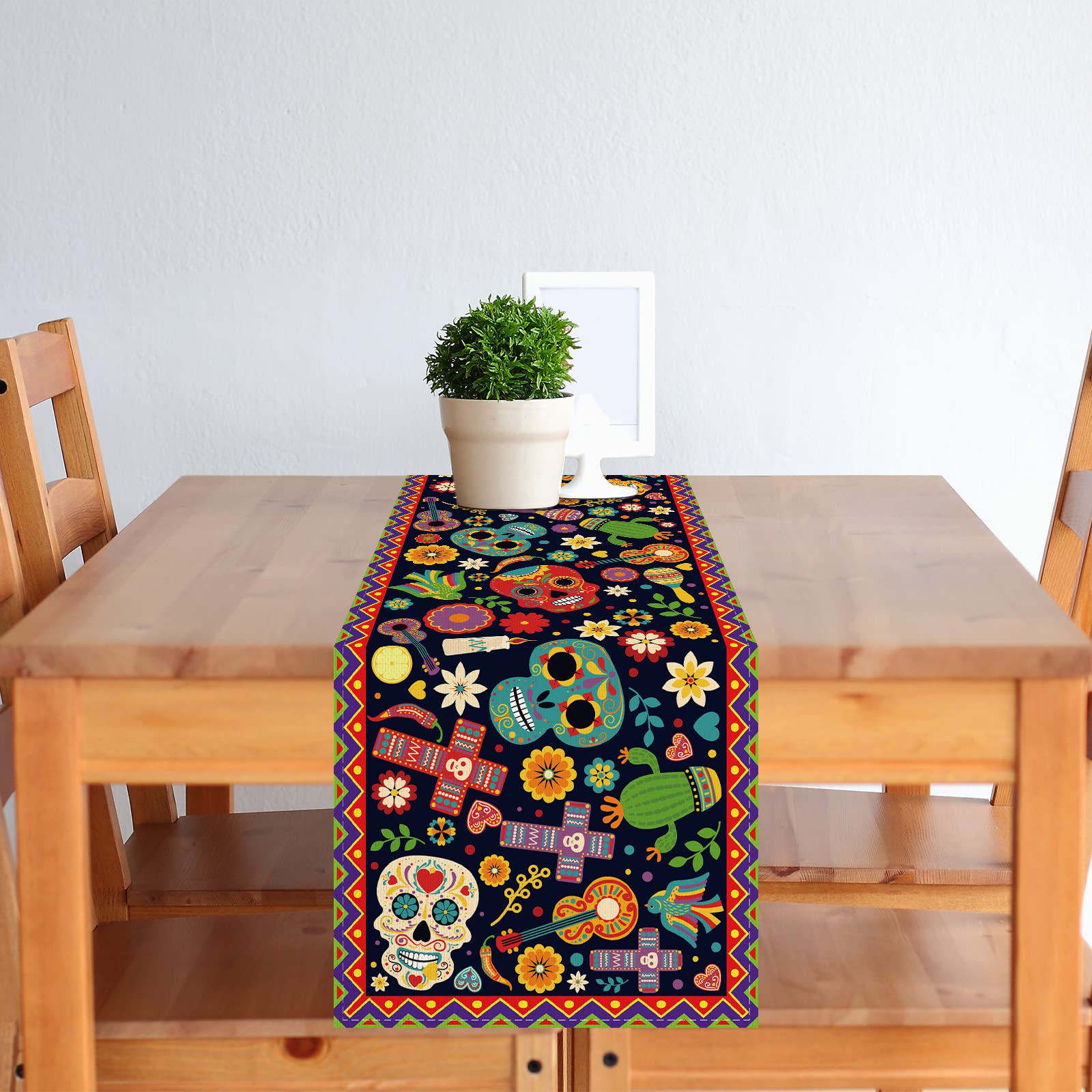 Linen Day of The Dead Table Runner Dia De Los Muertos Tablecloth Mexican Altar De Muertos Sugar Skull Decorations and Supplies for Home Table-13×72''