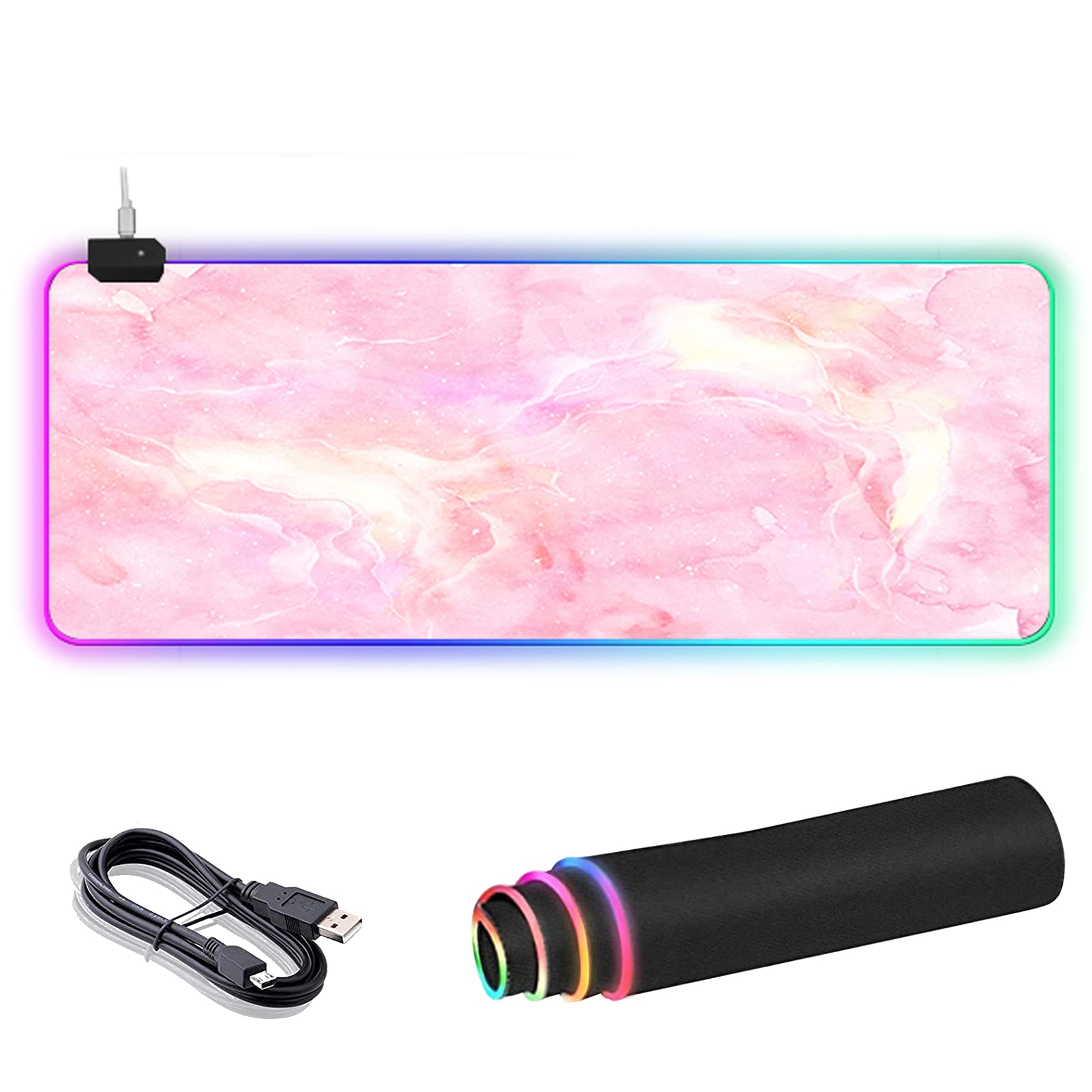 RGB Large Gaming Mouse Pad, Extended Mouse Pad with 14 Lighting Modes, Superior Micro-Weave Cloth, Non-Slip Base, 800 x 300mm / 31.5 × 11.8 in (Pink Marble)