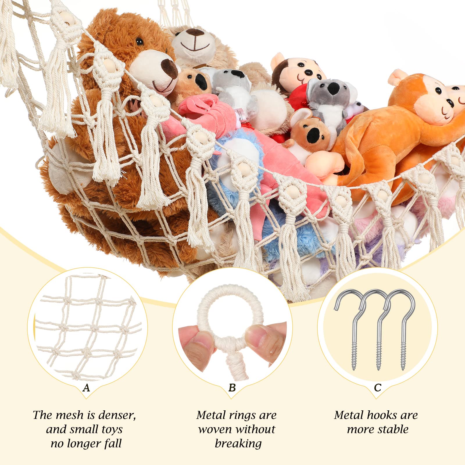 Stuffed Animal Net or Hammock, Stuffed Animal Storage Hammock for Wall with LED Light - Boho Hanging Plush Toy Organizer Corner Net for Kids Bedroom Large Capability Toy Hammock