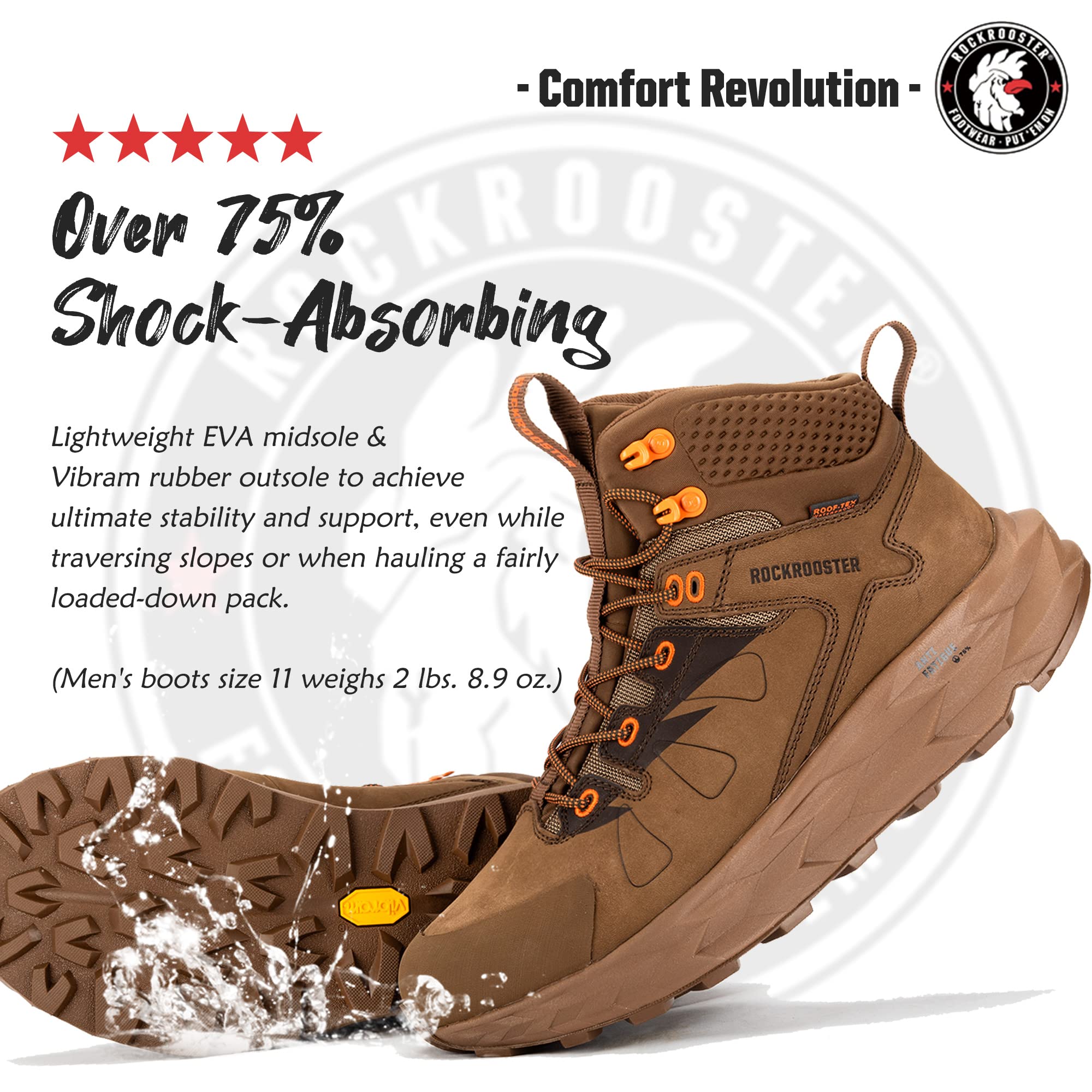 ROCKROOSTER Farmington Waterproof Hiking Boots for Men, Anti-Fatigue Leather Shoes (OC21031 US 9.5)