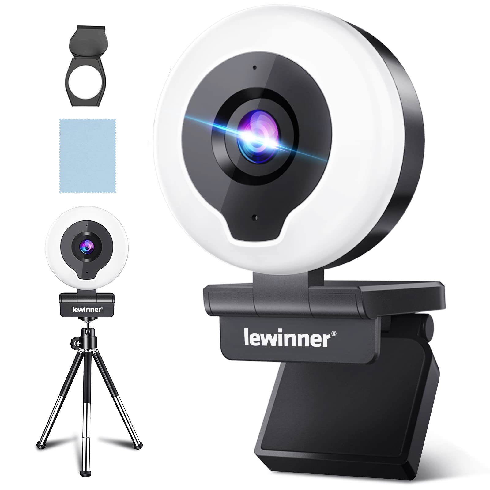 lewinner 2K Webcam with Ring Light & Tripod & Microphone, HD Streaming Web Camera with Cover-USB AutoFocus Adjustable Brightness PC Video Conference/Teaching, Laptop/Desktop Mac