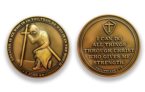 The Task Ahead Coin, I Can Do All Things, Challenge Coins, Antique Gold-Color Plated, Featuring a Kneeling Knight Templar and Philippians 4:15