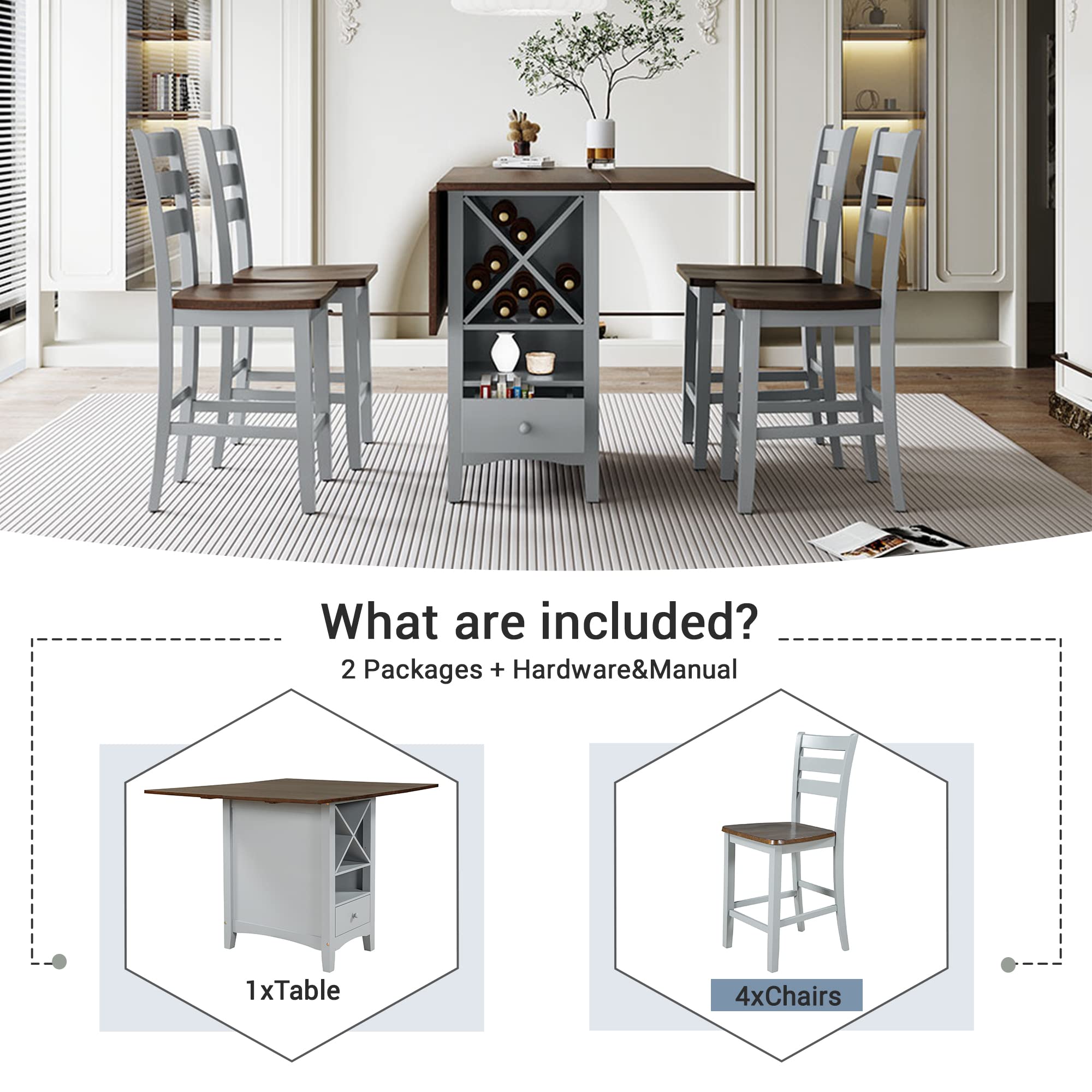 LIADTOP Set 5-Piece Farmhouse Drop Leaf 4 Counter Height Dining Chairs, Bar Table with Storage Shelf and Drawers for Kitchen, Breakfast Nook,Cherry+Gray