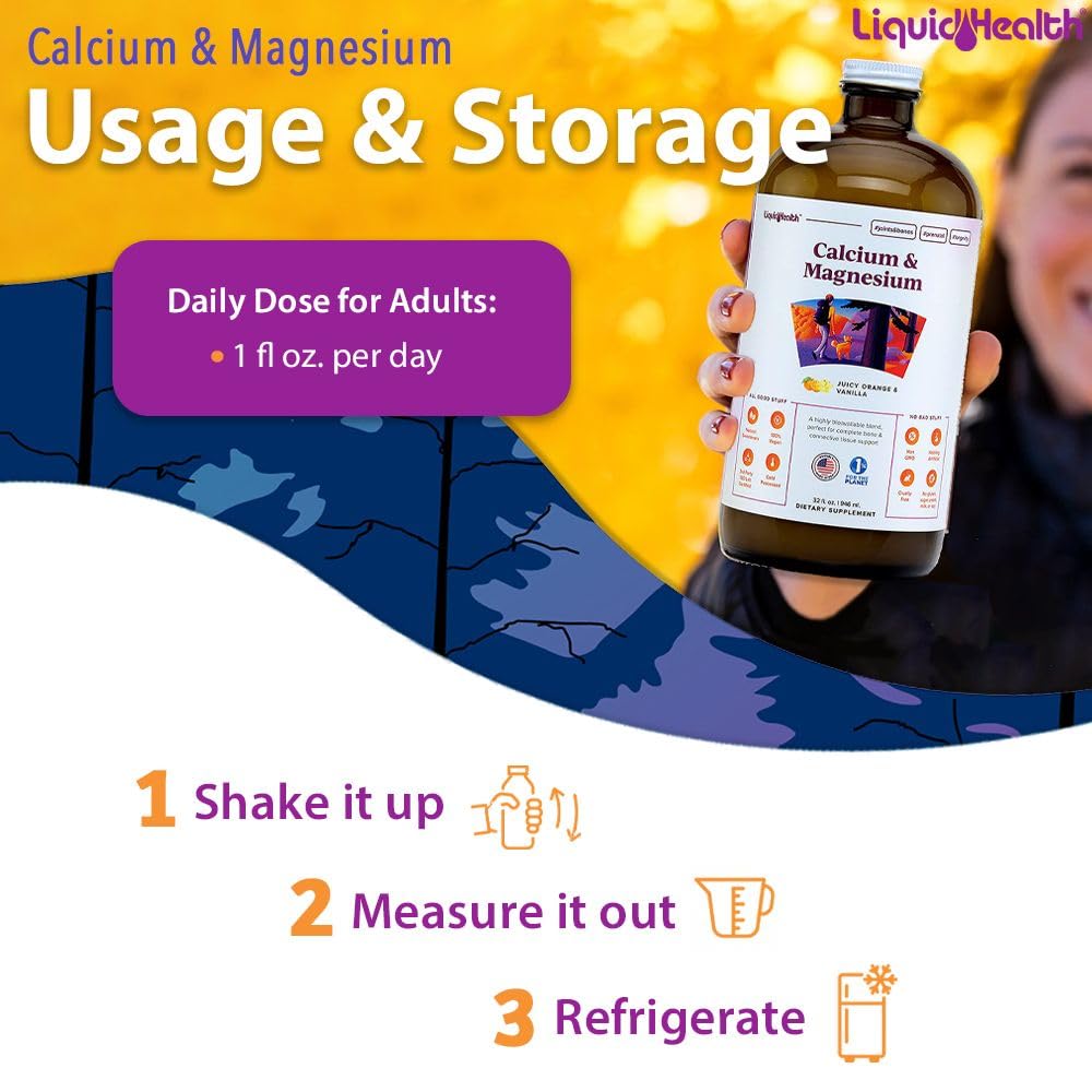 LIQUIDHEALTH 32 Fl Oz Calcium and Magnesium Liquid Supplement Joint and Bones Tissue Support, Citrate Vegetarian Natural Non GMO, Vitamin D3-2 Pack