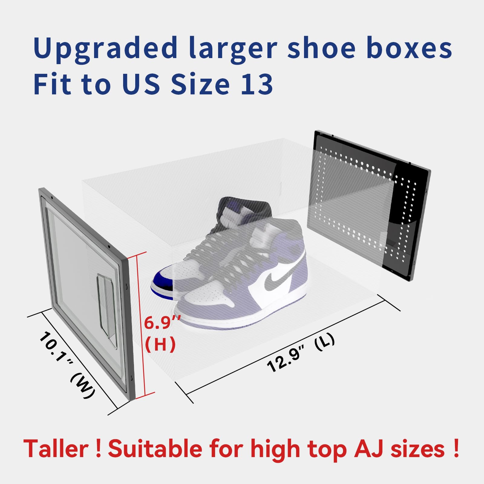 ZZCZZ X-Large Shoe Storage Boxes 12 Pack, Shoe Organizer for Closet, Clear Plastic Substitute Shoe Rack Foldable Durable, Fit for Women/Men High-top shoes, white