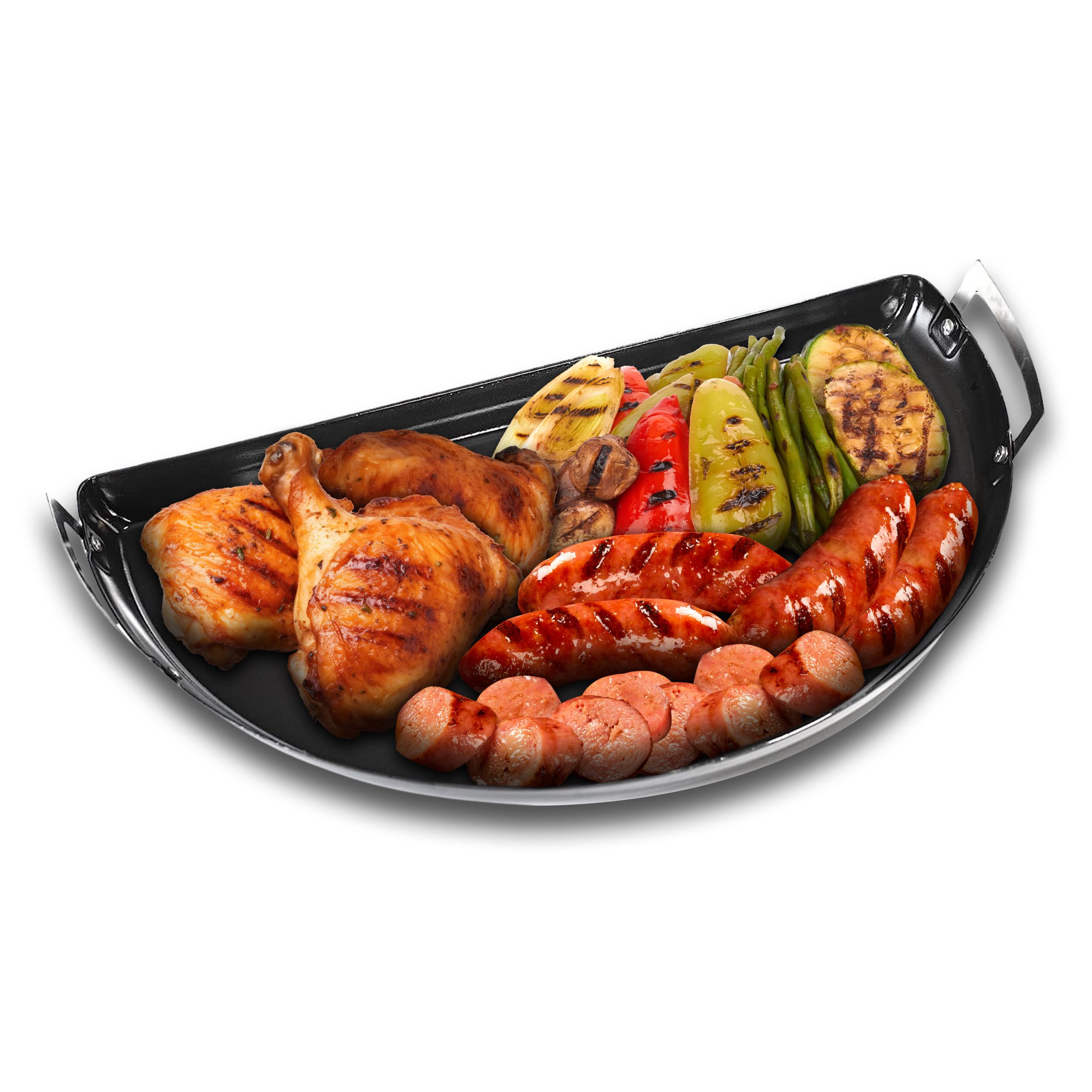 SnS Grills Slow ‘N Sear Porcelain Drip 'n Roast Pan for Kettle Grilling, All-in-One Carbon Steel with Black Porcelain Coating Drip and Roast Accessory - 22” Grill Fit