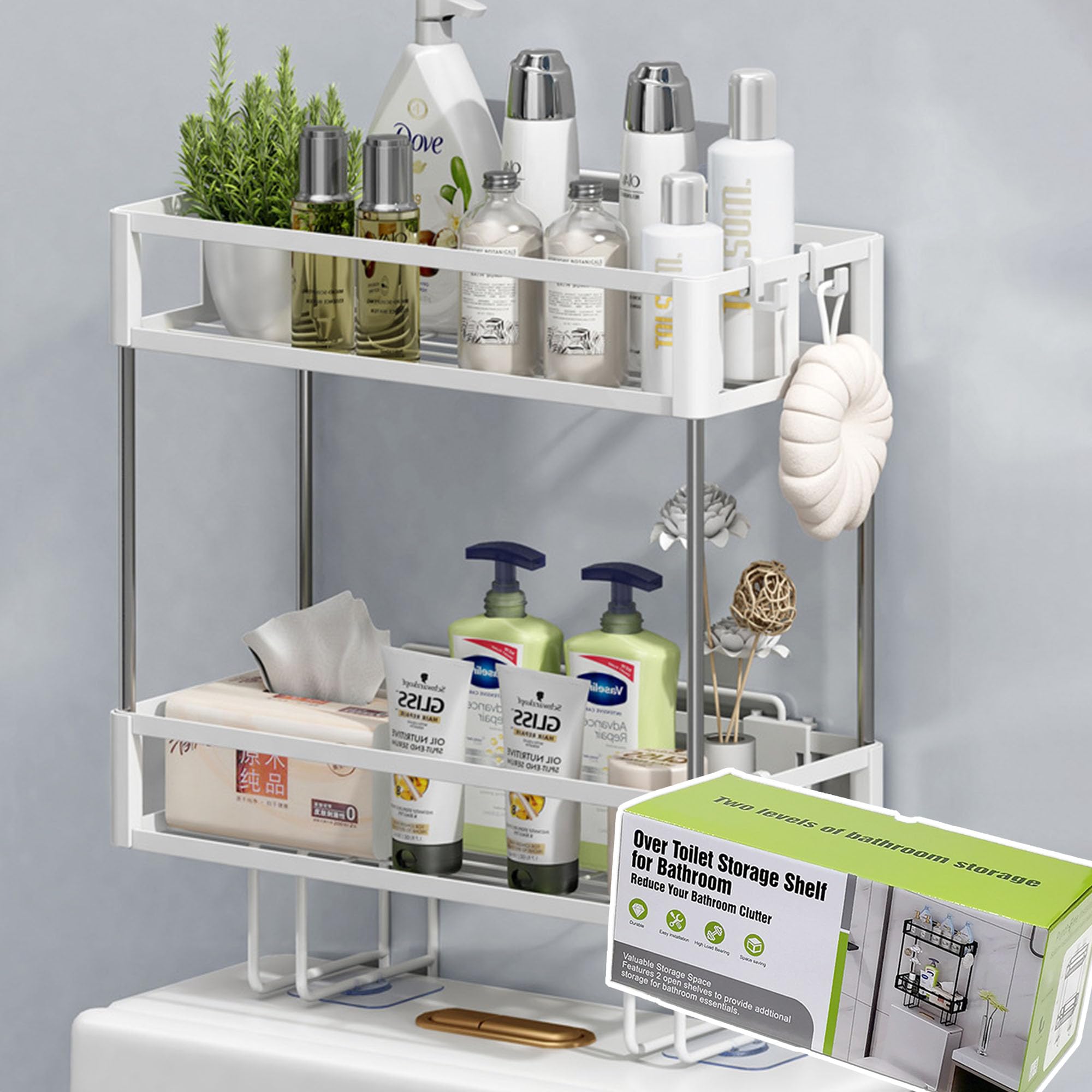 ZYOsJK Over The Toilet Storage 2-Tier Bathroom Organizers and Storage,Bathroom Storage Over The Toilet with 4 Hook & Suction CupďźWall Mounted Floating Shelves Furniture (White)