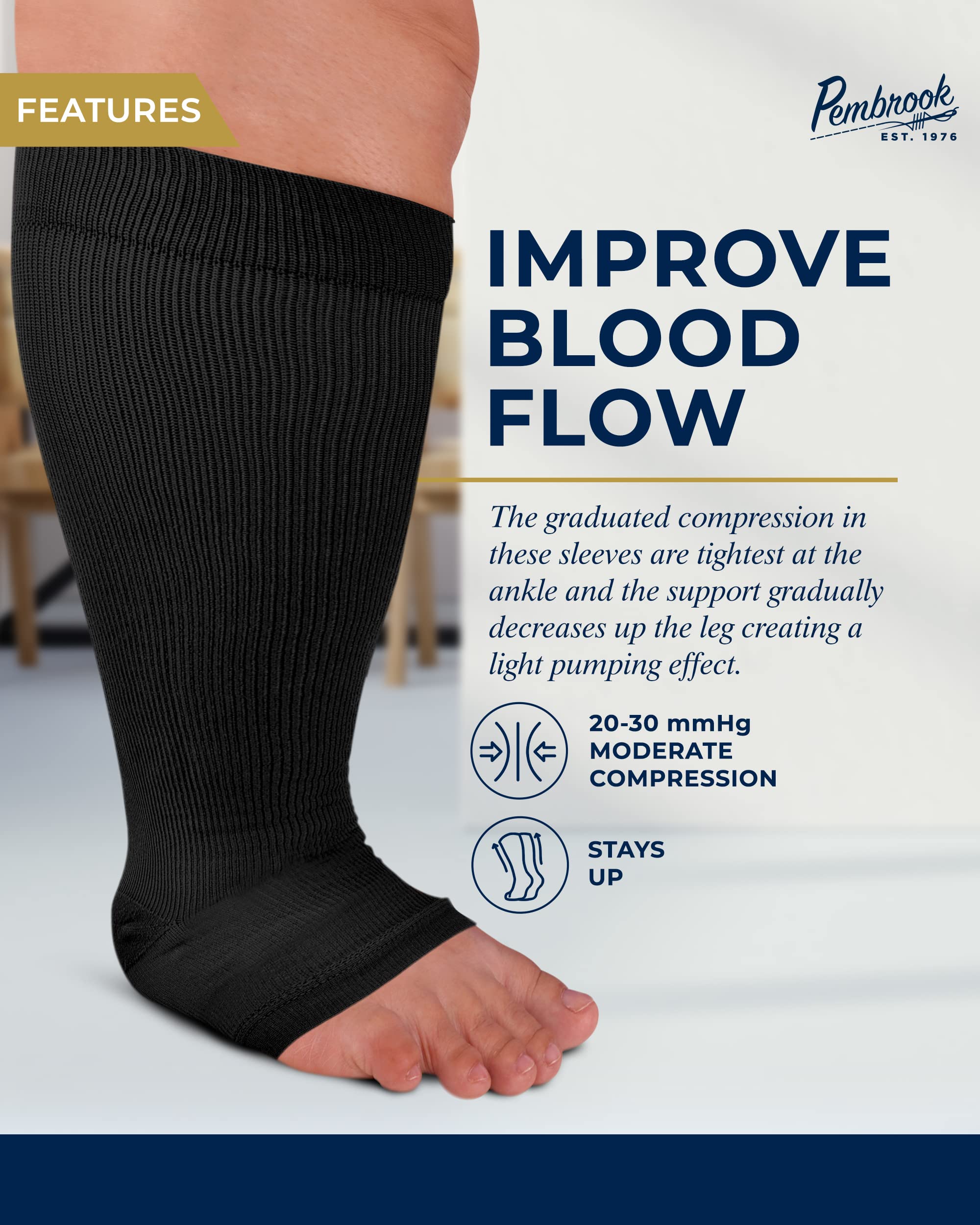 Pembrook Toeless Compression Socks Wide Calf for Women and Men - 20-30mmHg | 6XL Plus Size Compression Socks for Women
