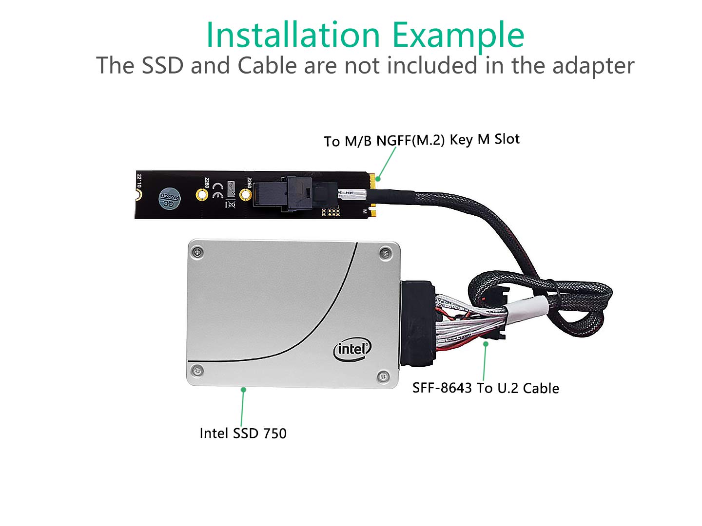 M.2 Module with Mini-SAS HD (SFF-8643) 36-Pin Connector for U.2 (SFF-8639) NVMe SSD (Upward miniSAS) - Support Intel 750 2.5-inch U.2 SFF SSD