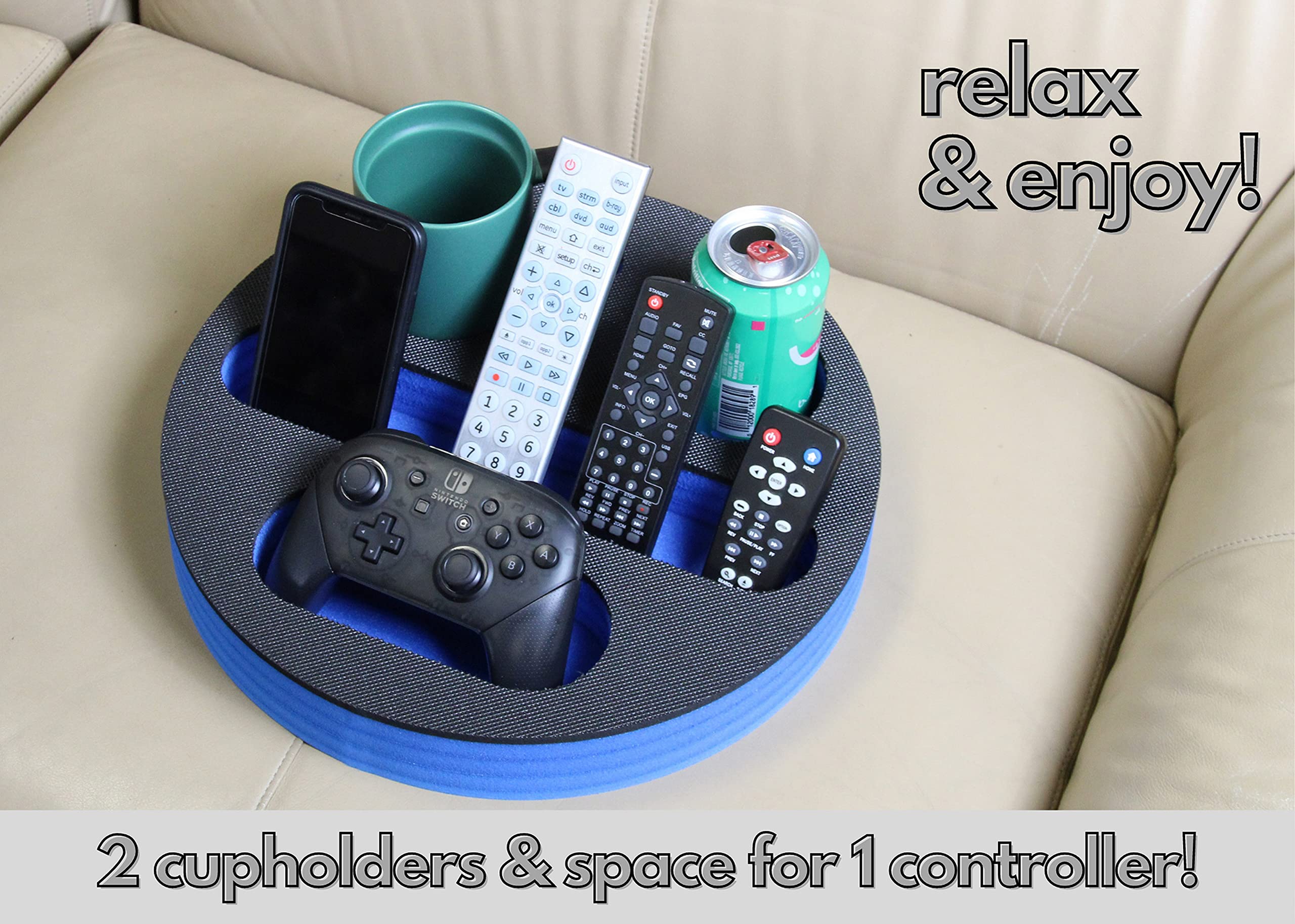 Polar Whale Couch Drink Holder Blue and Black Refreshment Tray for Sofa Bed Floor Car RV Lounge TV Room Durable Foam 4 Compartments with Game Controller Slot 13.75 Inches Wide