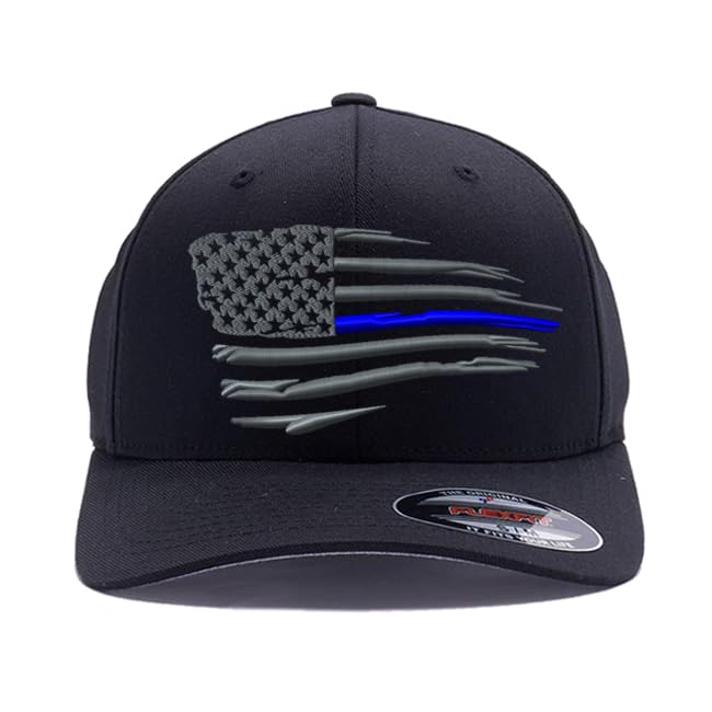 Thin Red Line and Thin Blue line Waving USA Flag. Embroidered, Flex fit 6280 Wooly Combed Twill Cap hat (Black - Blue Line, S/M)