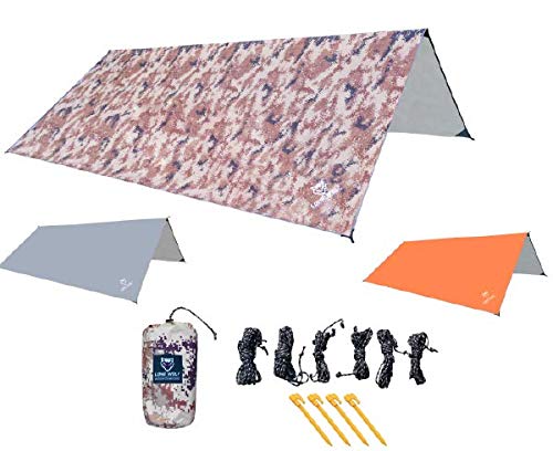 Lone Wolf 10.5' x 10.5' Lightweight Hammock Rain Fly Tent Tarp Water Proof Camping Shelter Ripstop Material UV Protection Sand Resistant Beach Blanket Essential Survival Gear (Desert Storm Camo)