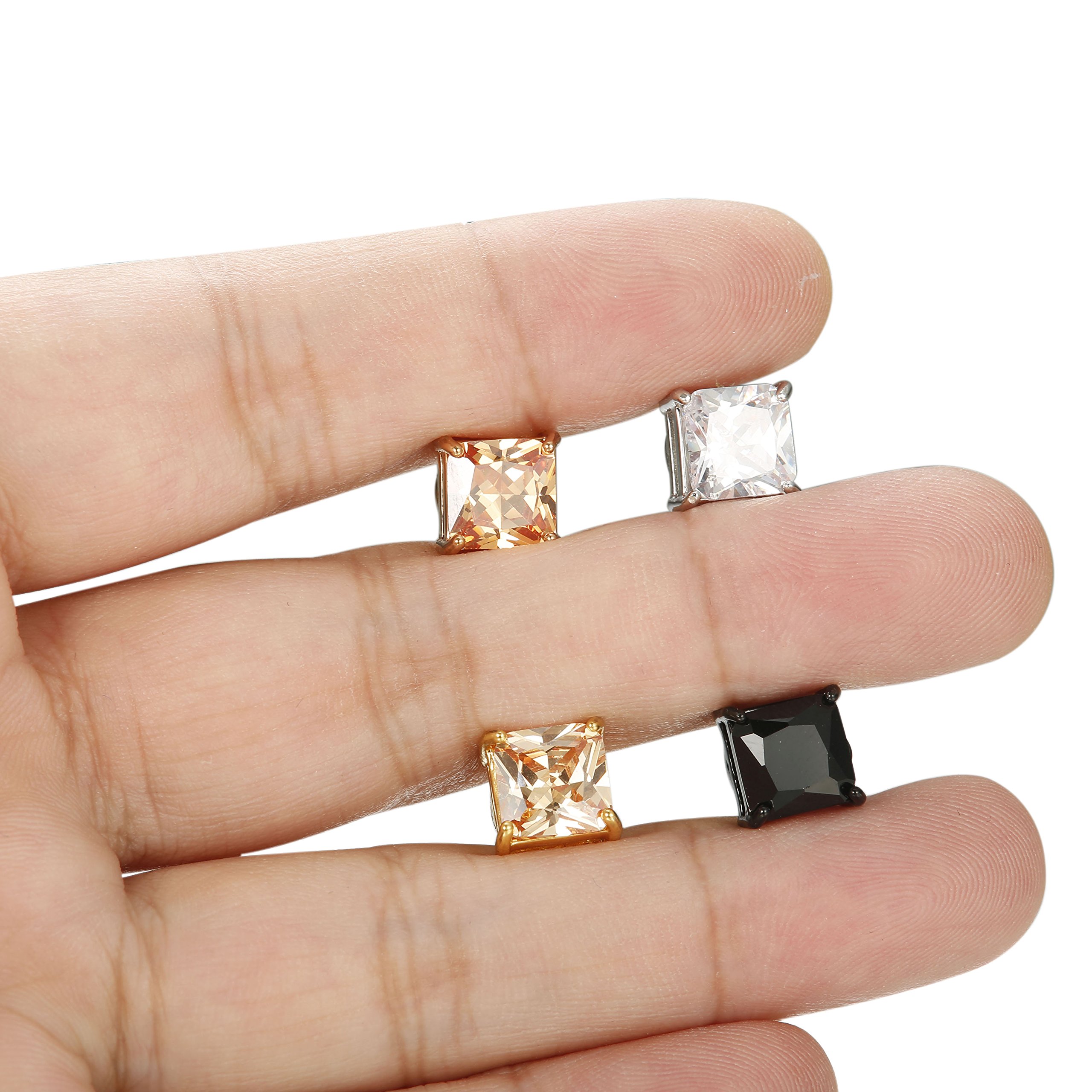 LOYALLOOK 4 Pairs Assorted Princess-cut CZ Magnetic Stud Earrings Non-Piercing Fake Plug 8MM Square