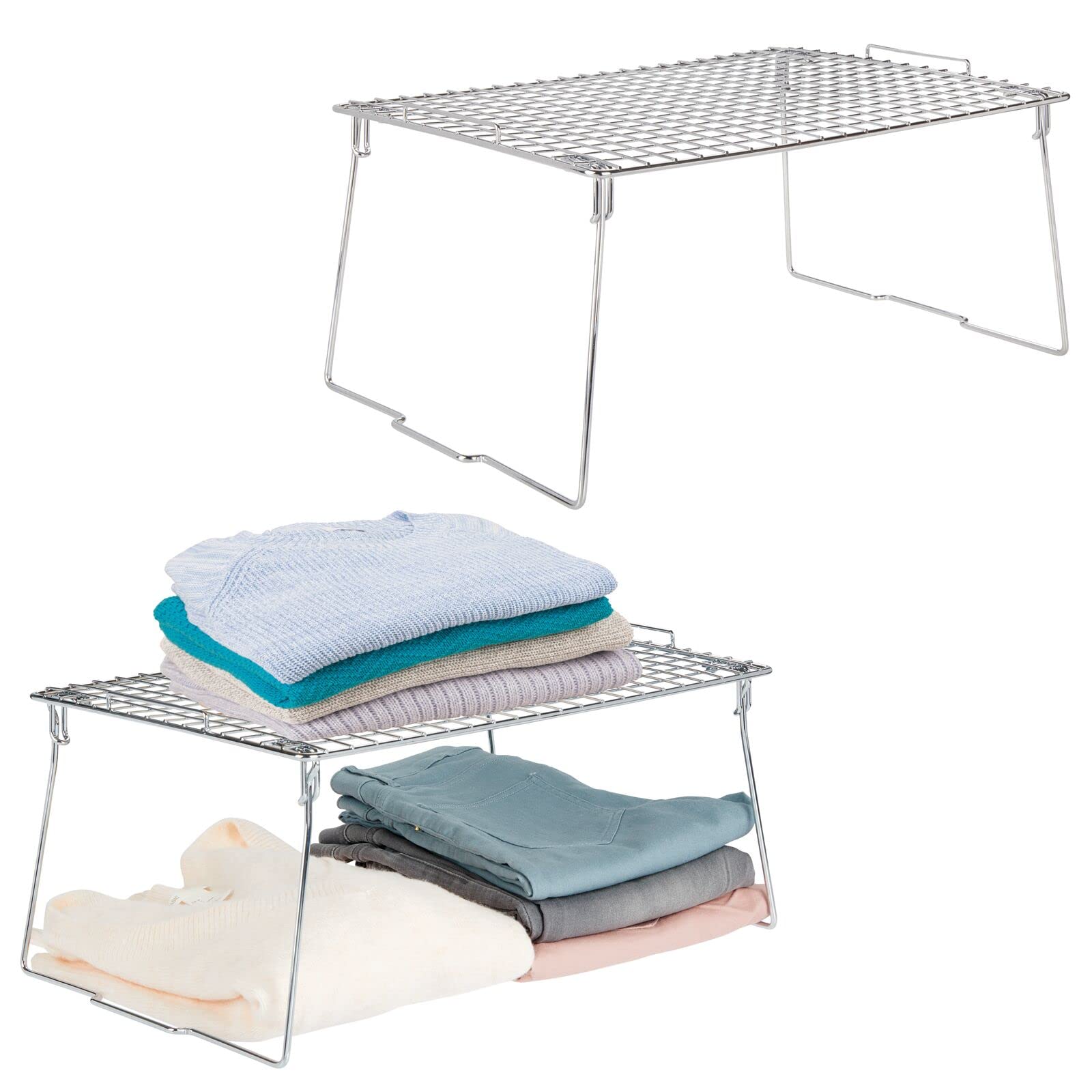 mDesign Farmhouse Metal Stackable Storage Shelf - Closet, Cabinet, Countertop 2-Tier Raised Organizer - for Bedrooms, Bathrooms, Entryways, Hallways - 12" x 17" x 8.4" - 2 Pack - Chrome