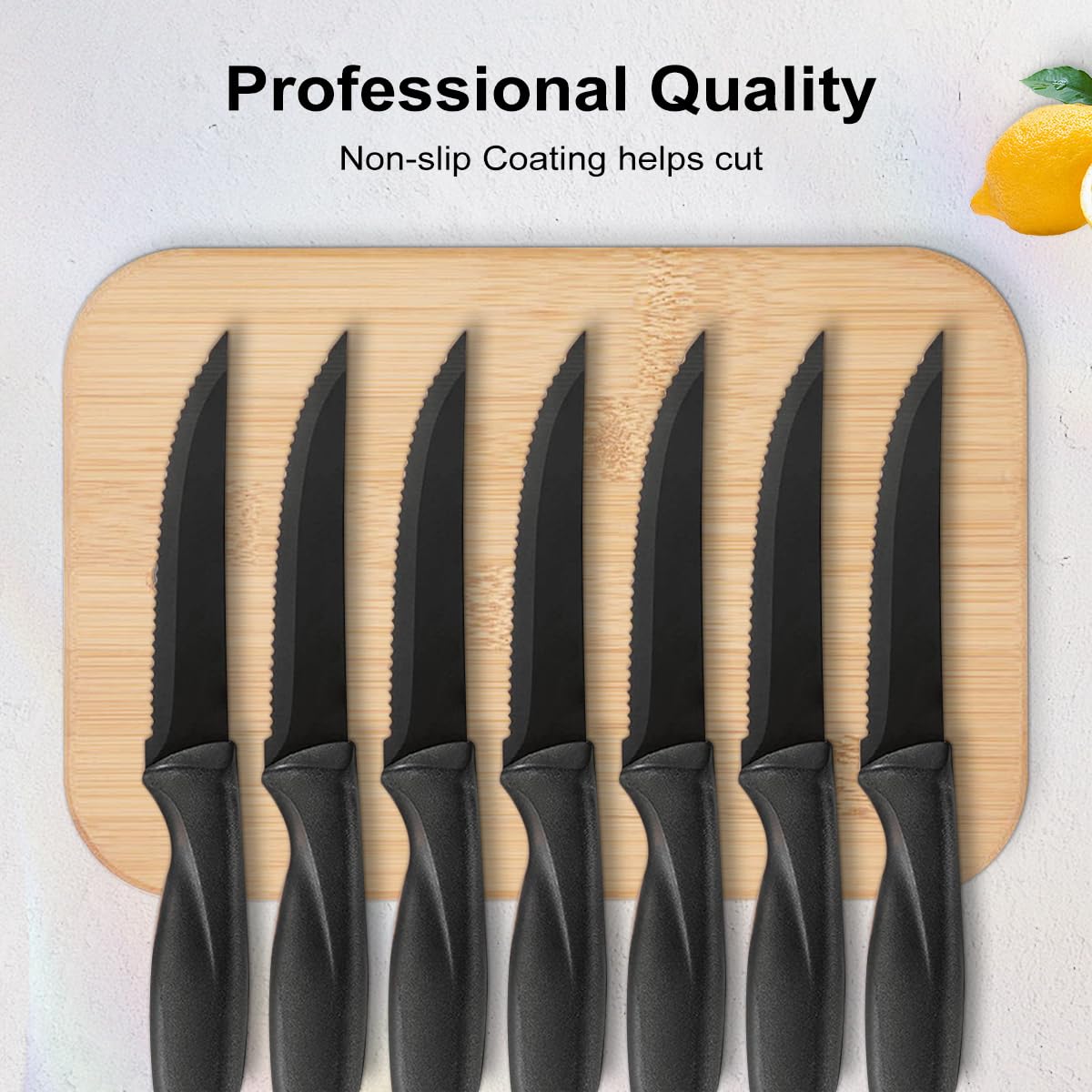 YUNYDSM Steak Knives Set of 8, Stainless Steel Serrated Steak Knife, Sharp Serrated Edges, Comfortable Grip Ergonomic Non-Slip Handle, Dishwasher Safe(8.5in Black)
