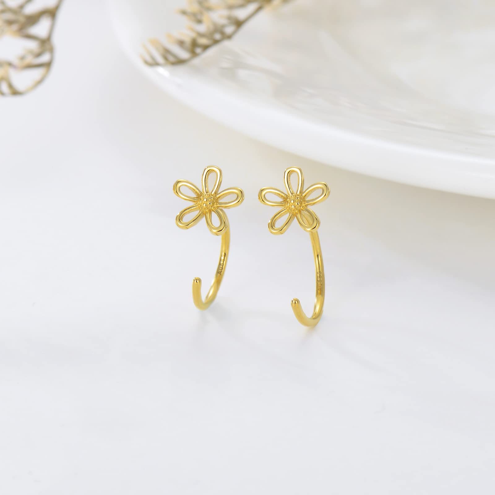 MRENITE Solid 14K Gold Daisy Half Hoop Stud Earrings Cute Daisy Open Hug Hoop Earrings for Women Everyday Fine Jewelry Gift for Her