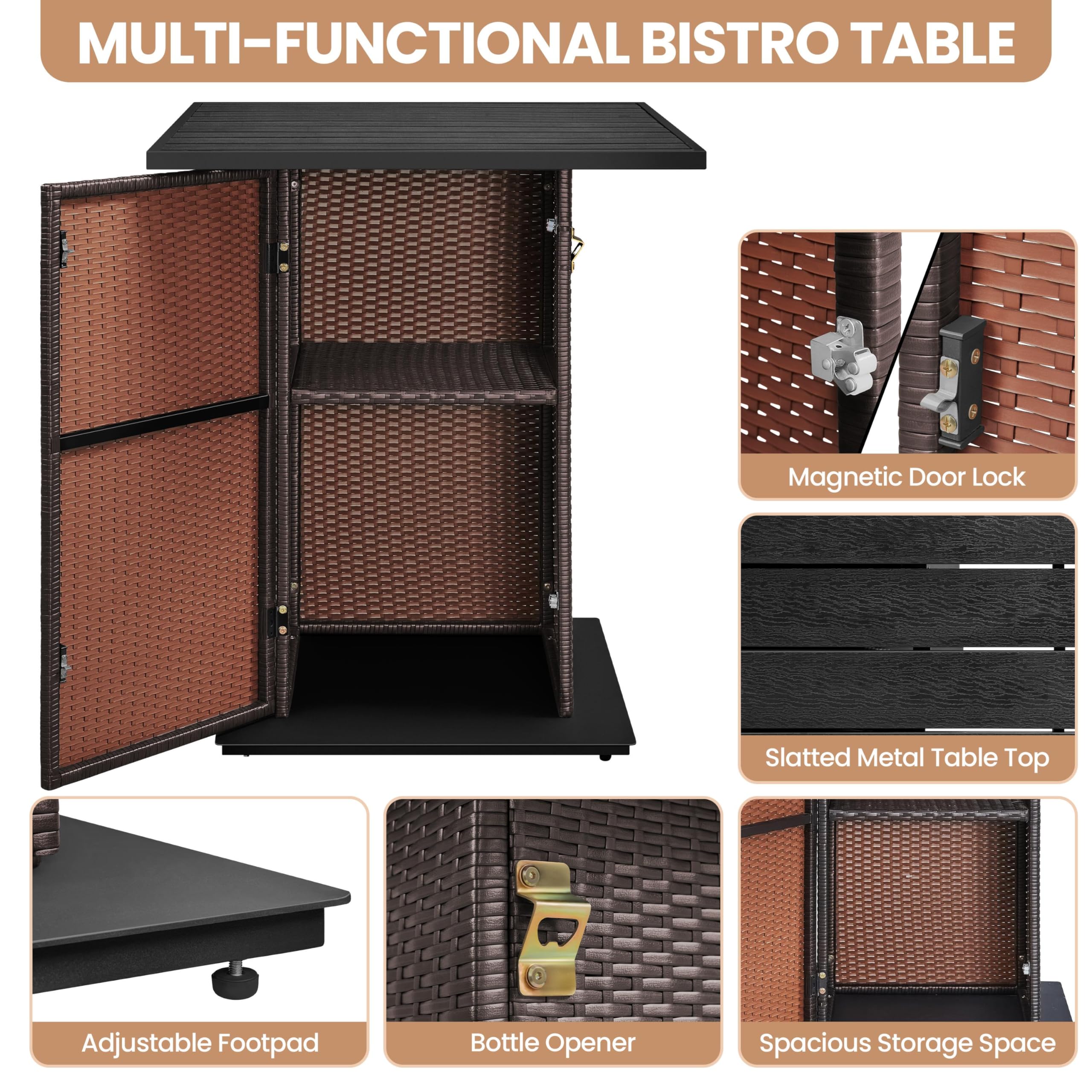 Yaheetech 5 Piece Rattan Bar Set, Outdoor Wicker Set 1 Bistro Table & 4 Stools - PE Patio Rattan Table w/Closed Storage Cabinet & Built-in Bottle Opener, and 4 Square PE Rattan Bar Stools