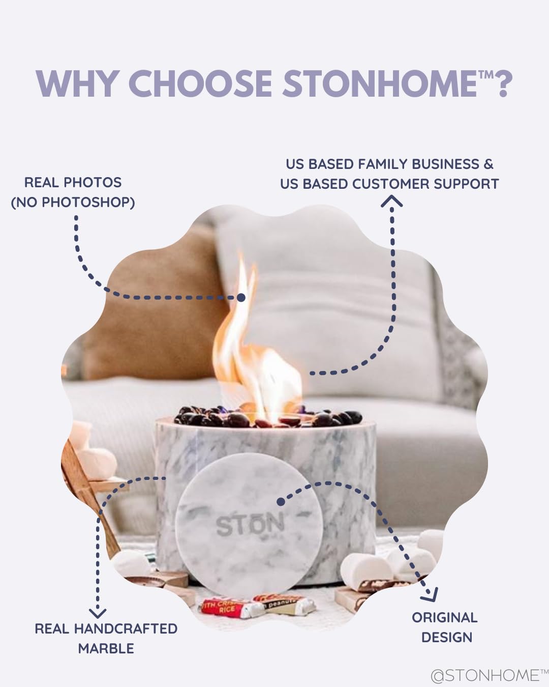 Stonhome Tabletop Fire Pit Bowl - The Original Marble Portable Fireplace, Indoor Outdoor, Mini Fire Pit Clean Burning Real Flame for Patio Balcony, S’Mores Maker (White)