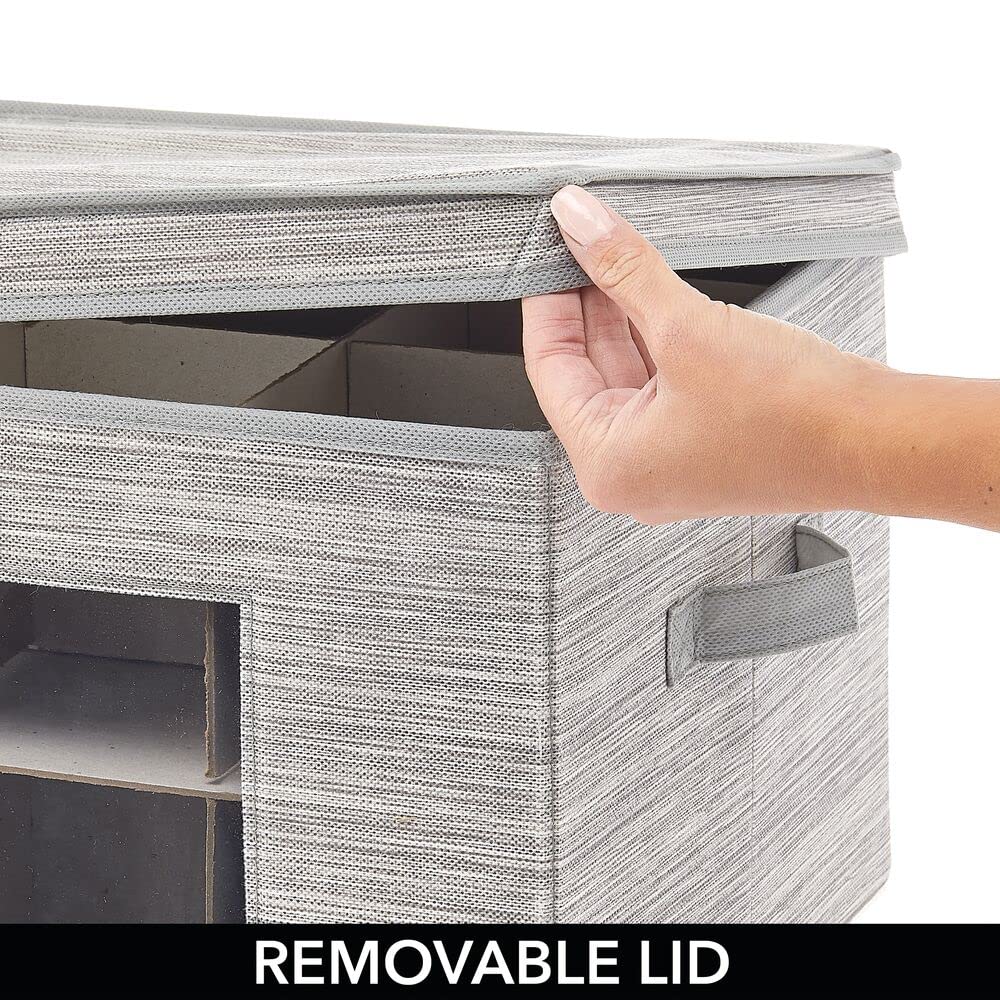 mDesign Large Fabric Storage Box with Lid, Dividers, Front Window - Stackable Storage Organization Containers for Holiday Decorations, Ornament, Wrapping Paper, Lights, Taupe Stripe