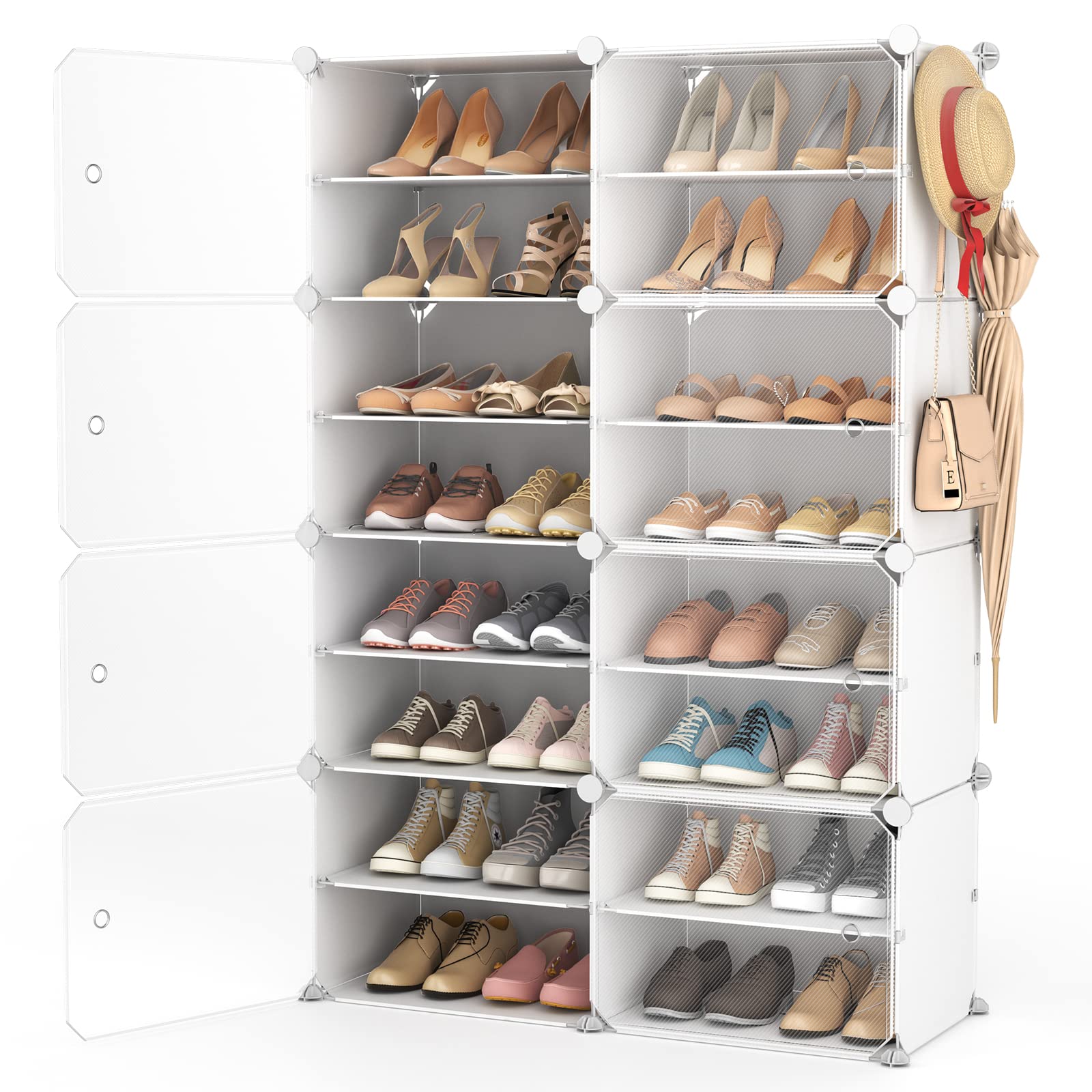 LANTEFUL Shoe Rack 8 Tiers 32 Pair Portable Shoe Storage Organizer Cabinet, Sturdy Plastic Shelf with Hooks, Door for Entryway, Bedroom and Hallway, White
