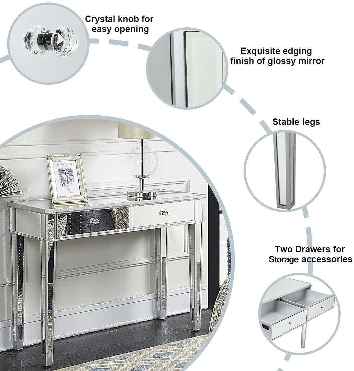 Mirrored Console Table with 2 Drawer, Silver Mirrored Makeup Dressing Table Vanity Desk, Modern Writing Desk Media Table for Bedroom Entryway Home Office
