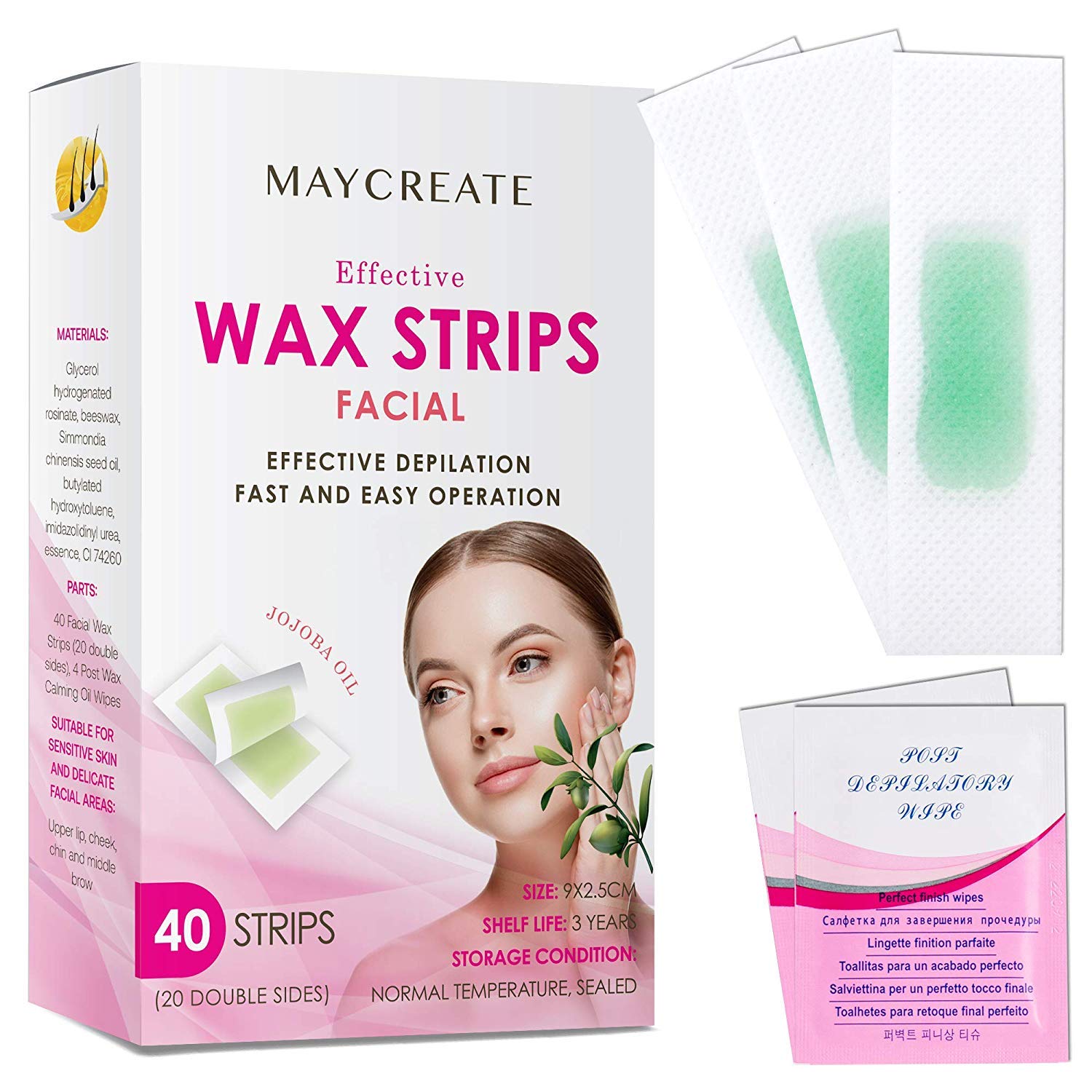 Maycreate Facial Wax Strips,Hair Removal Waxing Strips for Face Legs Underarms Brazilian Bikini Women (40 Count)