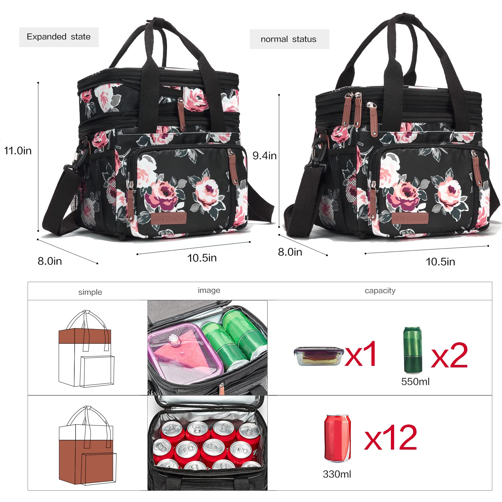 MOV COMPRA Lunch Bag Women Flower Insulated Lunch Box for Work, Expandable Large Lunch Bag, Leakproof Double Deck Lunch Box Cooler Bag with Removable Shoulder Strap(Flower)