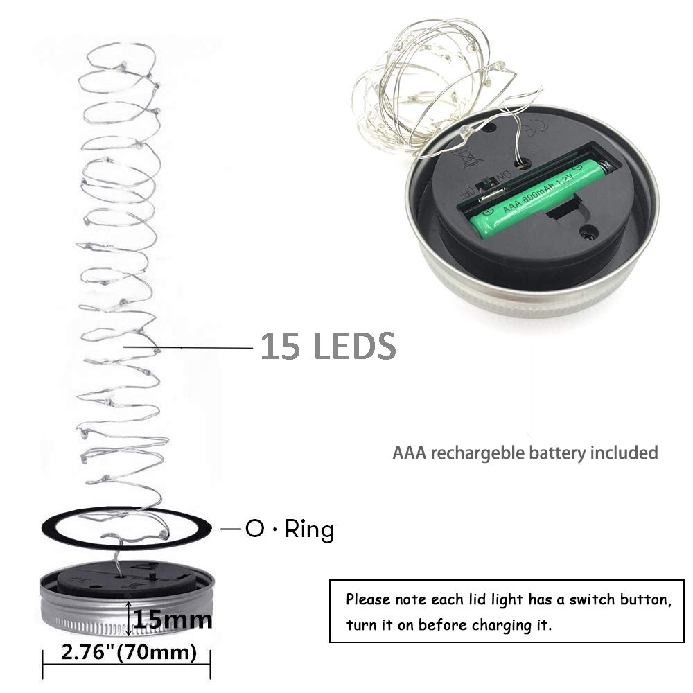 SunKite Solar Mason Jar Lid Lights [Updated], 6 Pack 15 LED Waterproof Fairy Firefly Jar String Lights with Hangers (NO Jars), Patio Yard Garden Wedding Easter Decoration - Warm White
