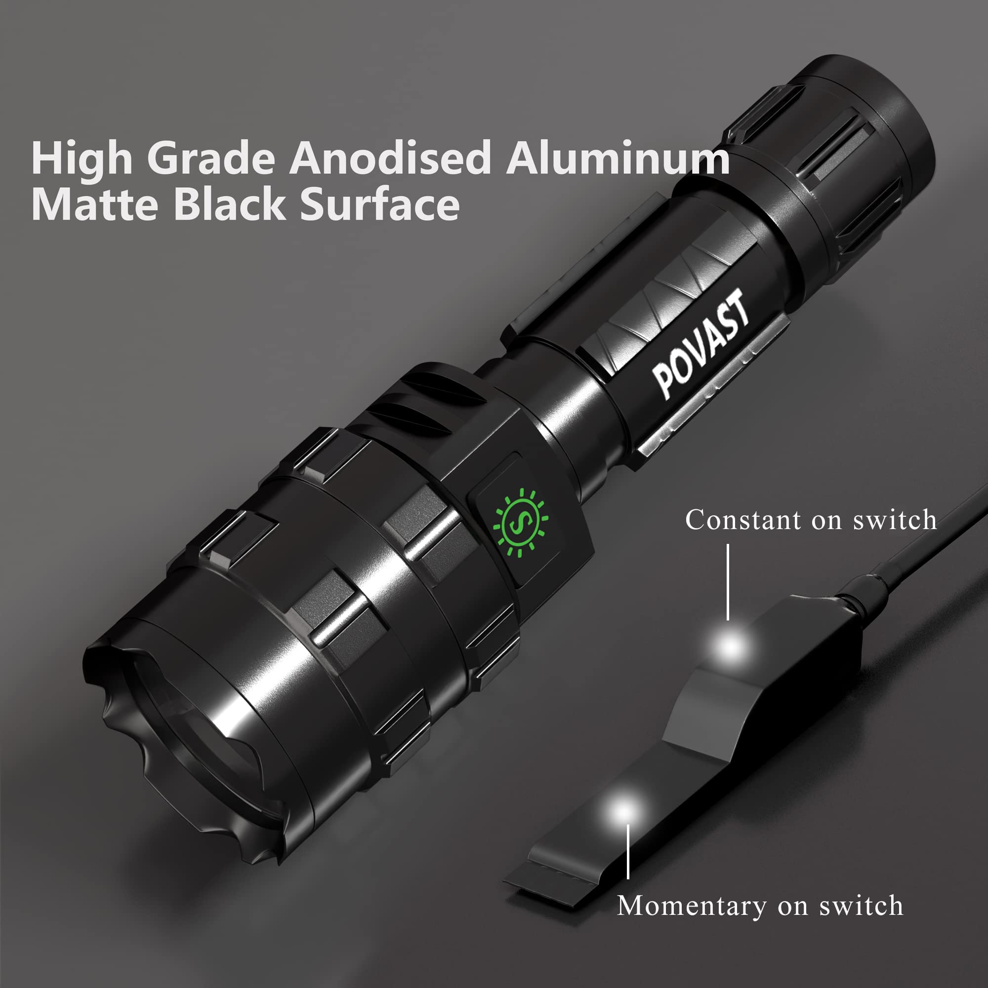 POVAST Tactical Flashlight Picatinny Rail Mount 1600 Lumens Side Switch Remote Pressure Switch USB Rechargeable, Matte Black