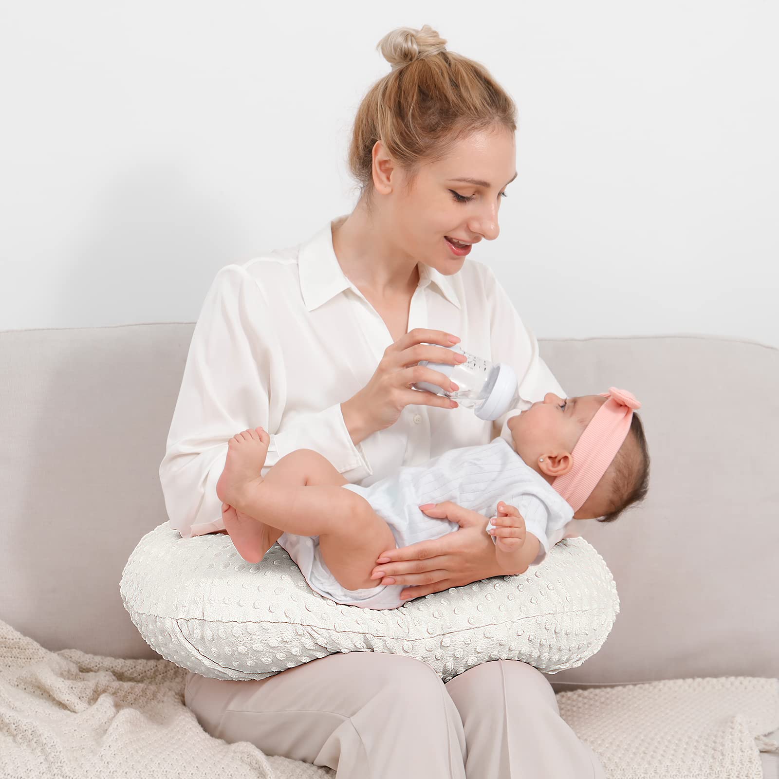 QUENESS Nursing Pillow and Positioner, Breastfeeding, Bottle Feeding, Baby Sitting Support with Removable Ultra Soft Minky Cover, Tummy Time Support for Baby Boys and Girls (Beige)