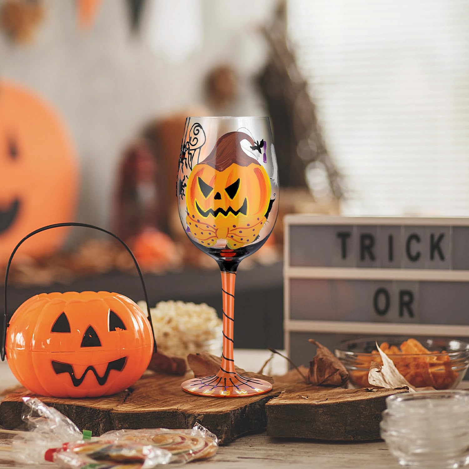 NymphFable Halloween Hand Painted Wine Glass Pumpkin Black Cat Spider Cobwebs Ghosts Unique Halloween Wine Glass for Home Party Friend