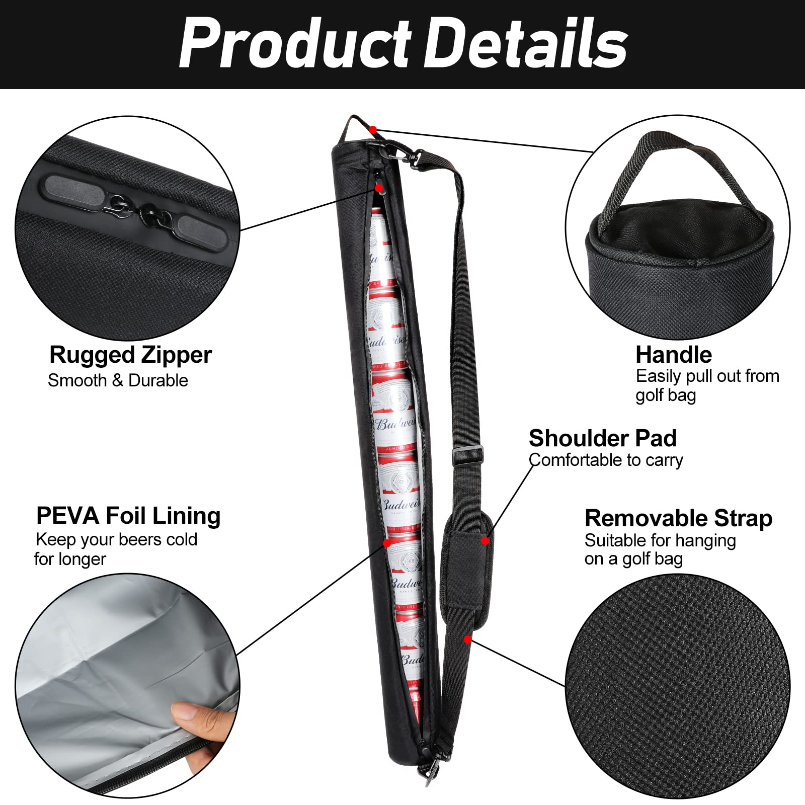 Outfun Beer Sleeve, 7-Can Insulated Golf Bag Cooler with Detachable Shoulder Strap, Cooler Sleeve Keeps Canned Beverages Cold on Golf Courses, Fits in Most Golf Bags Styles & Types