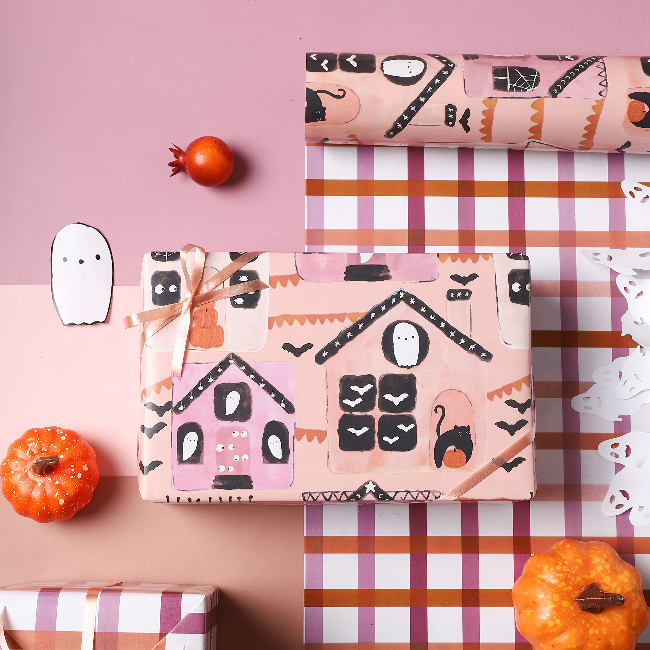LeZakaa Reversible Halloween Wrapping Paper - Skeleton, Grave, Pumpkin, Snake Unique Halloween Elements & Spider Web Design - 17 inches x 32.8 Feet (46.45 sq.ft.)