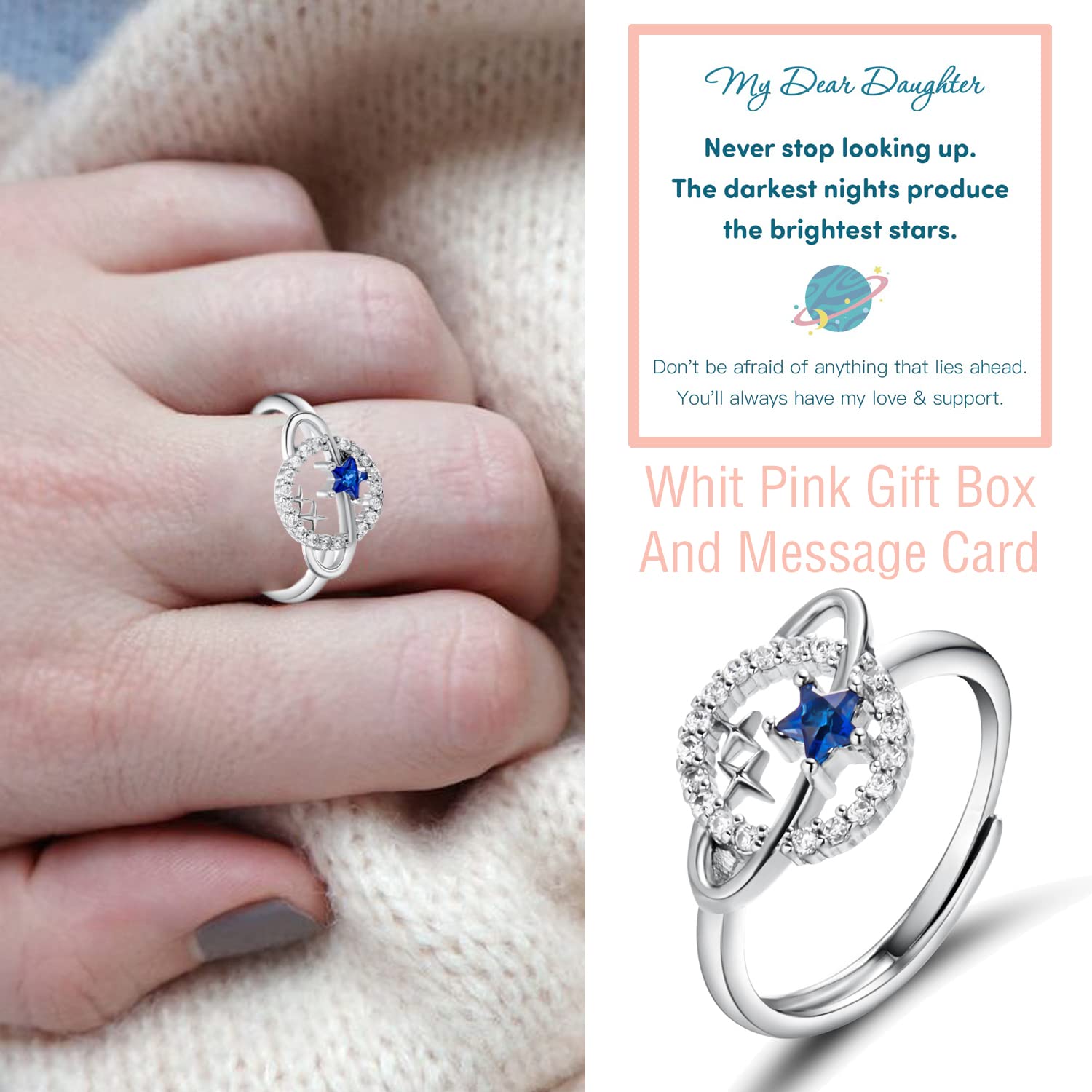 RINHOO Star Rings Halo Ring, Sparkling Cubic Zirconia Planet Stars Ring for Granddaughter, Adjustable Size Material Idea