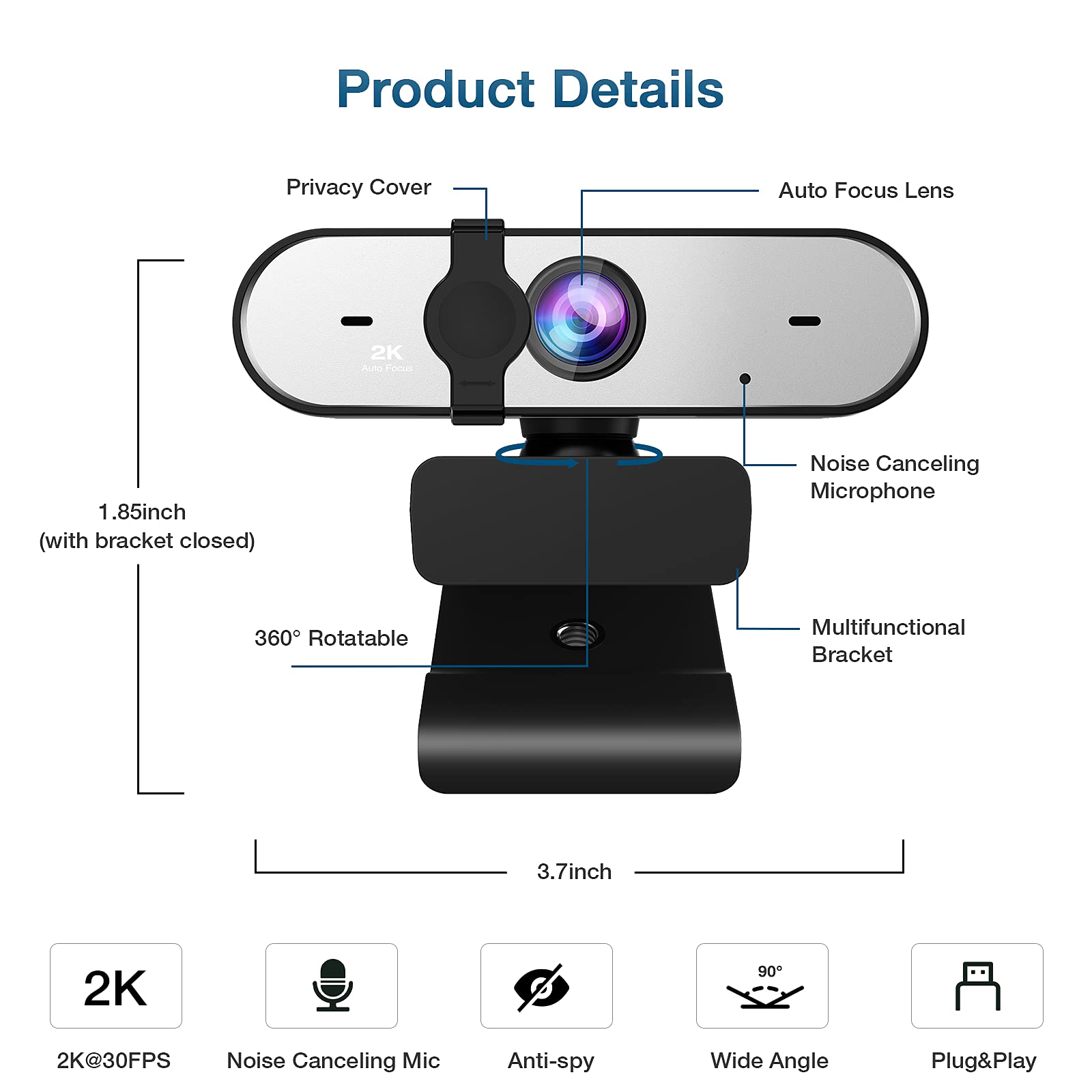 Webcam, 2K Full HD Webcams, Dual Microphone & Cover, Autofocus, HD USB Computer Web Camera, for YouTube/OBS/Facebook/Gaming/Zoom/Skype/FaceTime/Teams/Twitch/Etc
