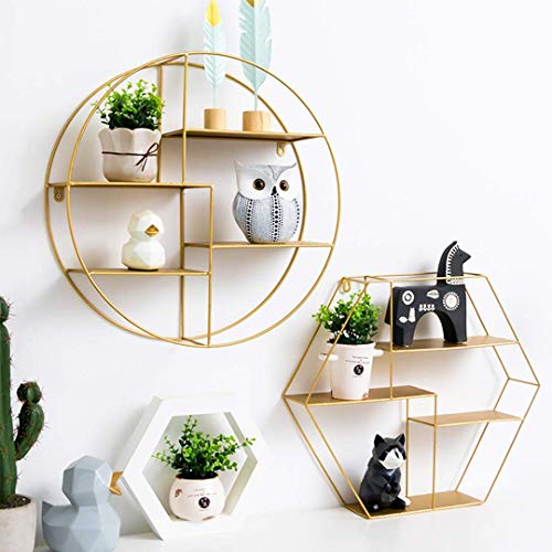 LITA Wrought Iron Wall Shelf Sofa Background Wall Decoration Metal Wall Hanging Decor (Round, Gold)