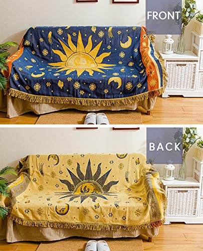 MayNest Sun And Moon Stars Hippie Throw Blanket Celestial Tapestry Double-sided Reversible Woven Cotton Home Decor Bedding Chair Couch Recliner Cover Loveseat Rug Oversized Tassels Blue Yellow (91x71)