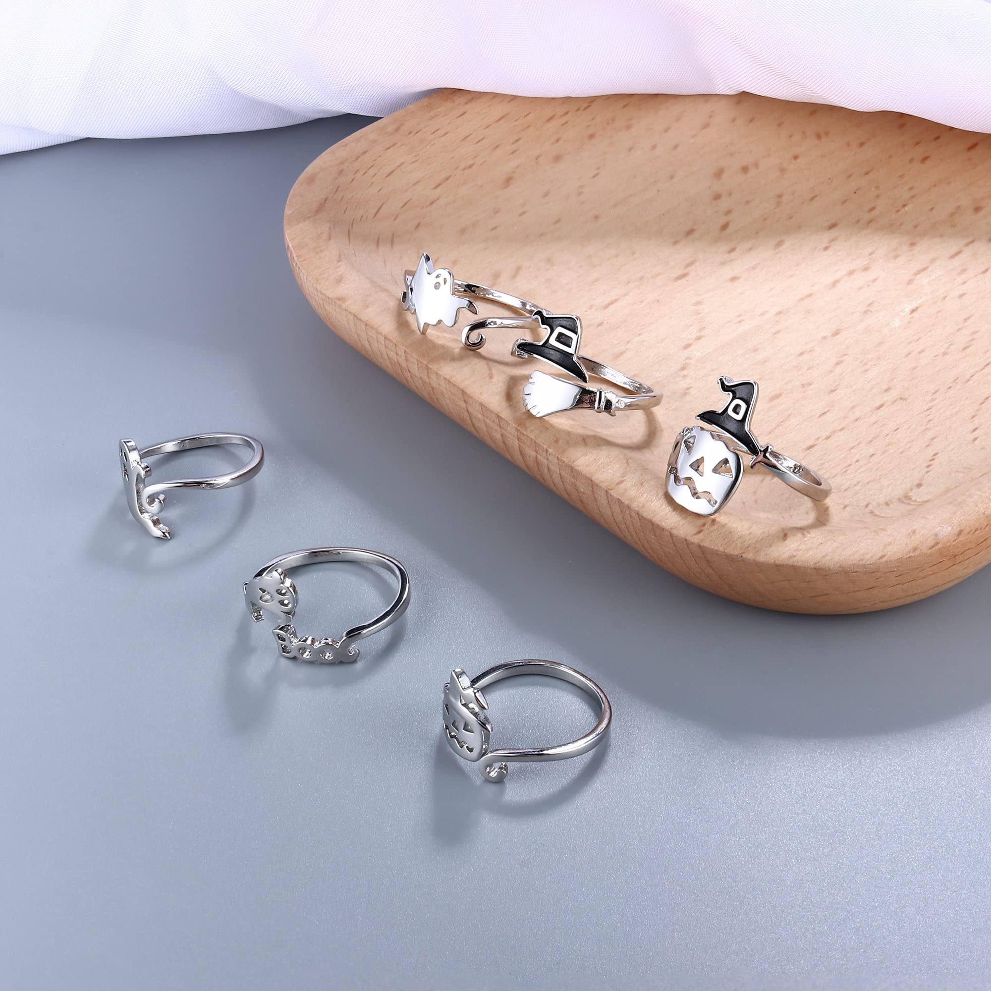 SAILIMUE 6 Pcs Halloween Ring For Women Men Adjustable Pumpkin Witch Hat Broom Ghost Ring Set Halloween Party Jewelry