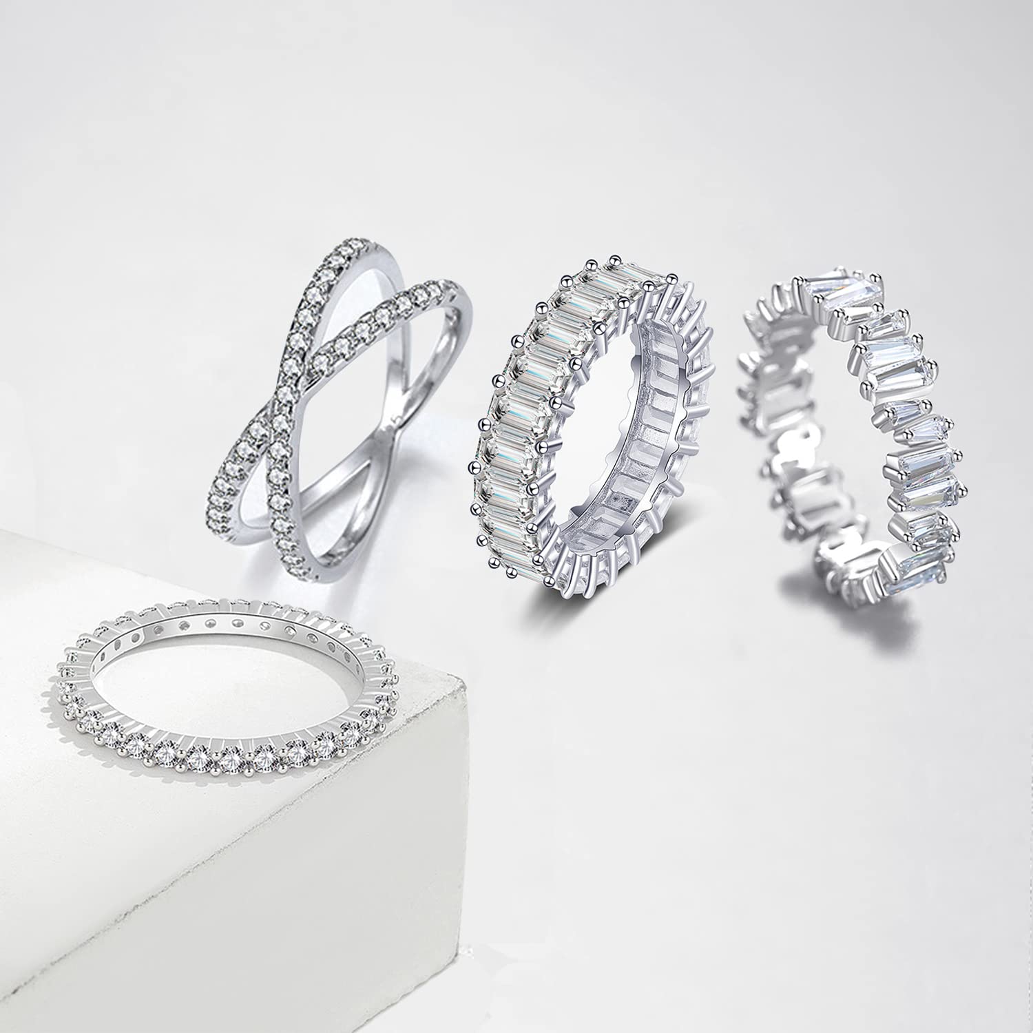 RIOSO 6Pcs Cubic Zirconia Eternity Band for Women Twisted Rope Stackable Simple Eternity Bands Ring Silver Wedding Band Rings