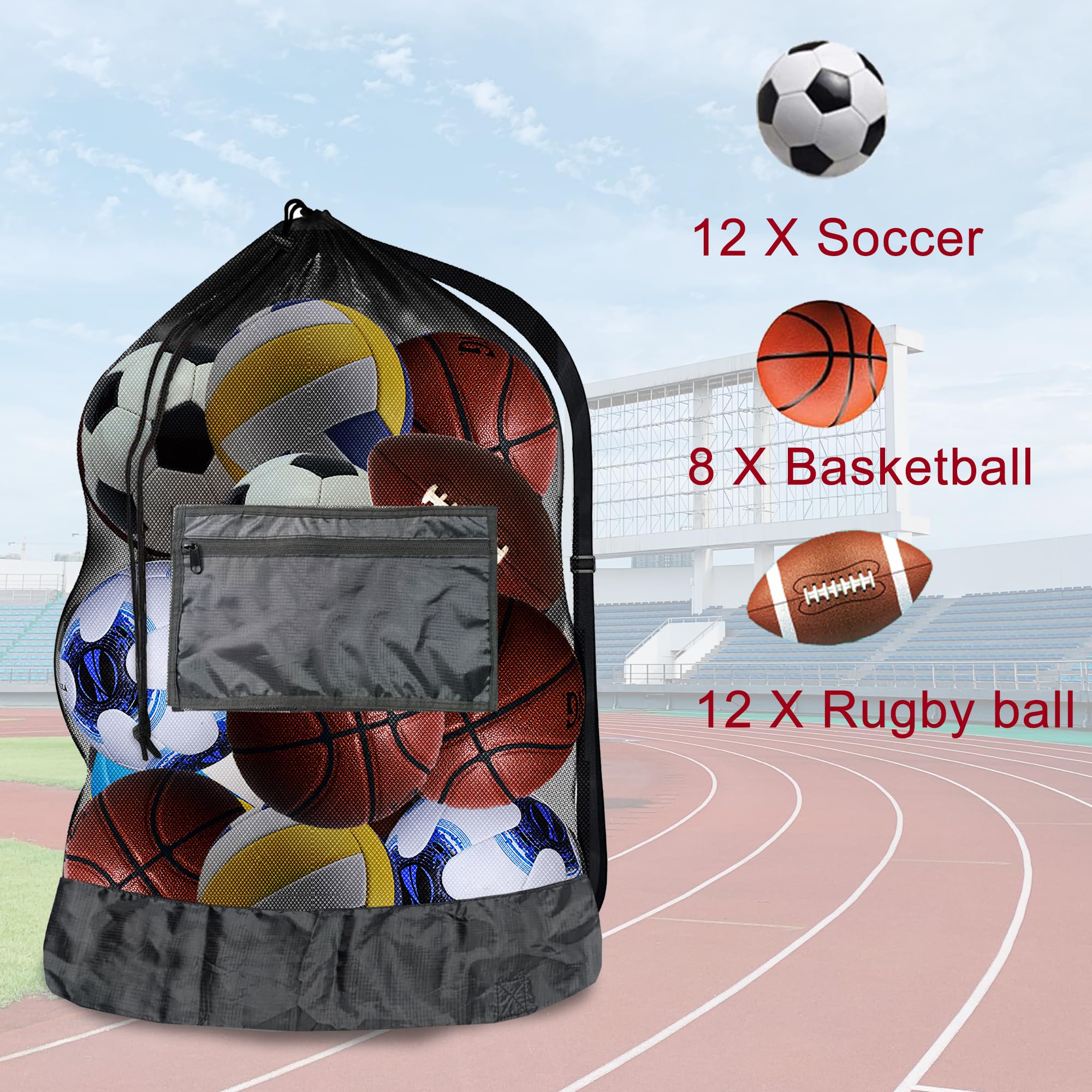 Rudmox Extra Large Mesh Ball Bag, Holding Basketball, Baseball, Swimming Gear or Beach Toy with Shoulder Strap Bottle Holder and Adjustable Shoulder Strap for Sports Team and Coach (Black)