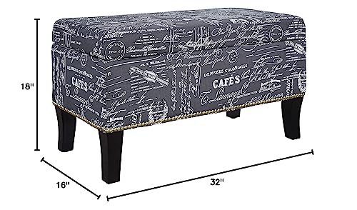 Linon Stephanie Script Linen Ottoman, 32"W x 16"D x 18"H, Gray/Black