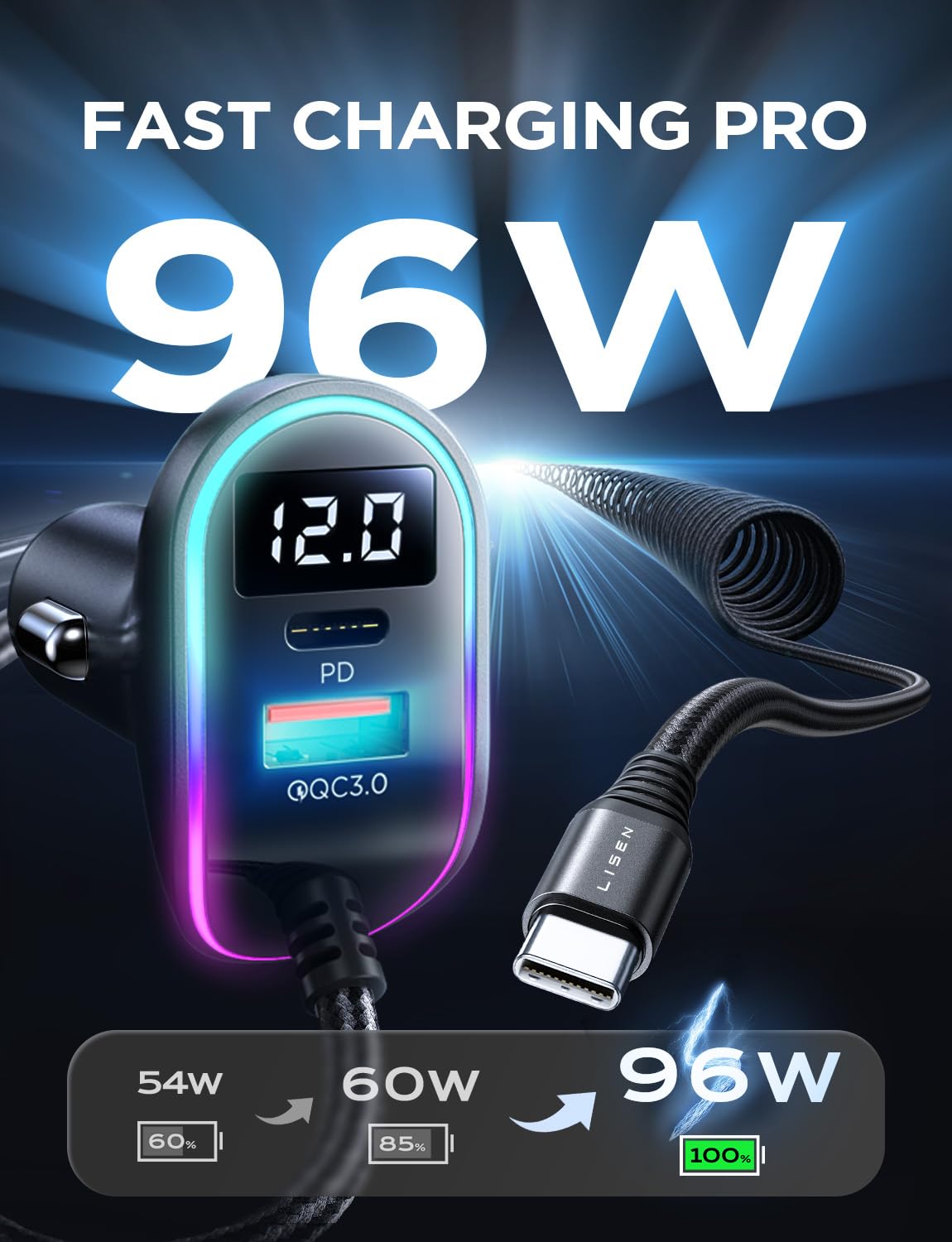 LISEN USB C 96W Super Fast Car Charger PD& QC3.0 with 5.3ft 36W Type C Coiled Cable,Car Phone Charger Adapter for iPhone 15 Pro Max Plus, Samsung Galaxy S24/S23/S22,Android, iPad Pro
