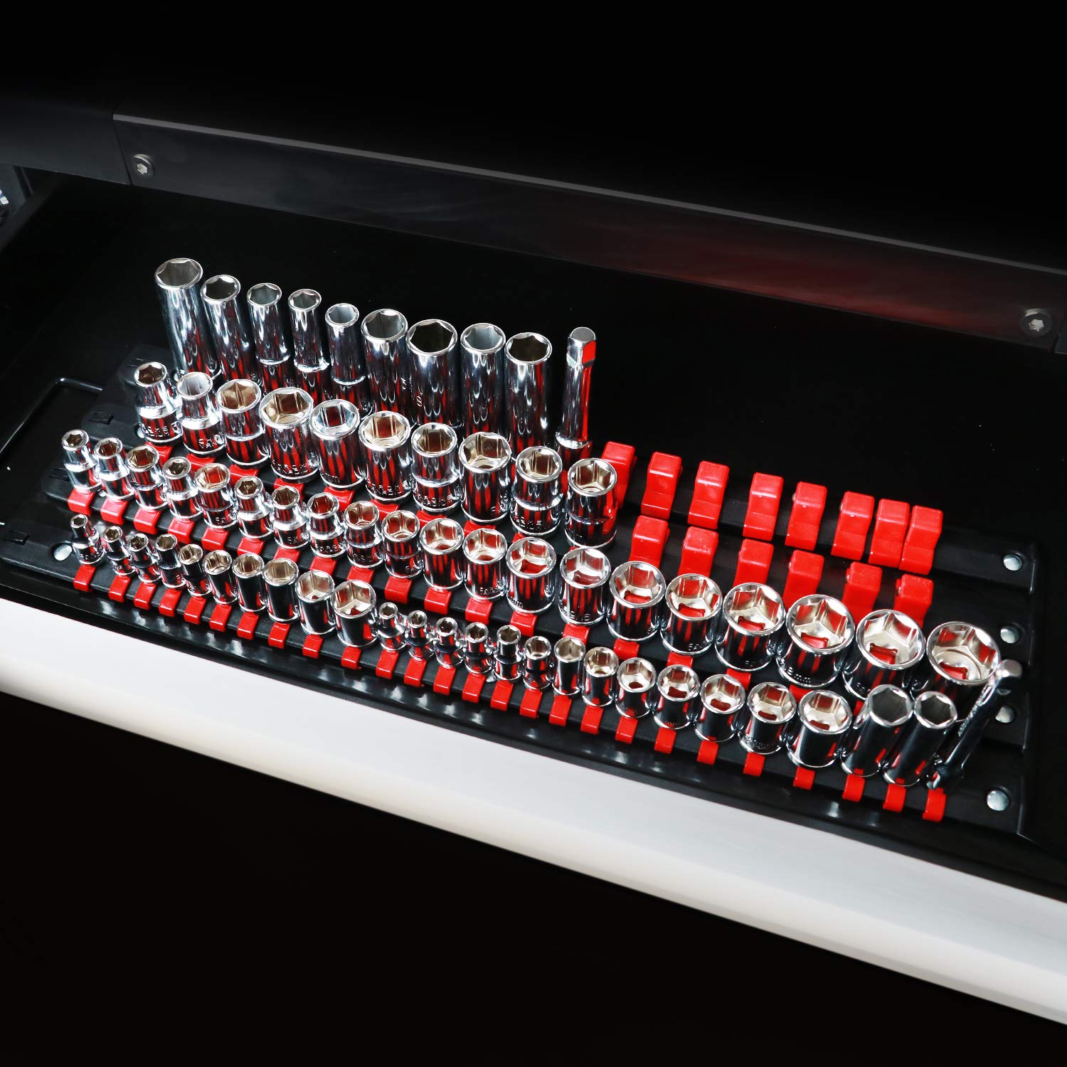 Mayouko 80-Piece Portable Socket Organizer Tray, 1/4-Inch, 3/8-Inch, 1/2-Inch,Heavy Duty Socket Rail, Black Rails with Red Clips,Drive Socket Clip Rail Holder