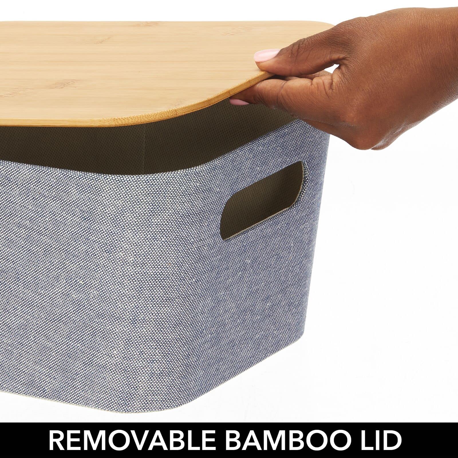 mDesign Modern Fabric Covered Basket with Lid, Stacking Decorative Storage Bin Box with Bamboo Cover for Closet, Living Room, Kitchen, Office Shelf, Holders for Clothing/Accessories, 4 Pack, Navy Blue