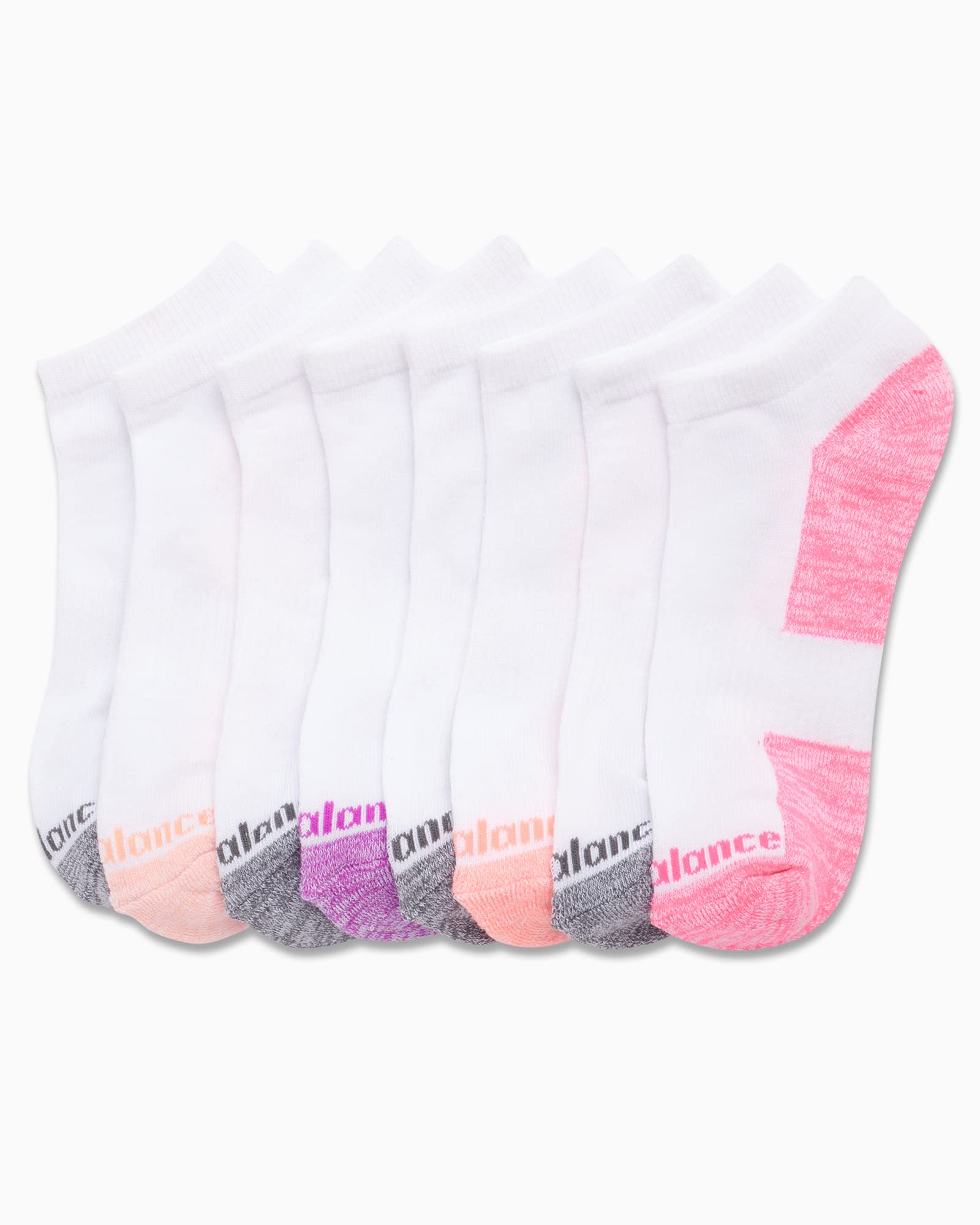 New Balance Girls' Athletic Low Cut Socks with Reinforced Heel and Toe (8 Pack), Size Medium, White Assorted