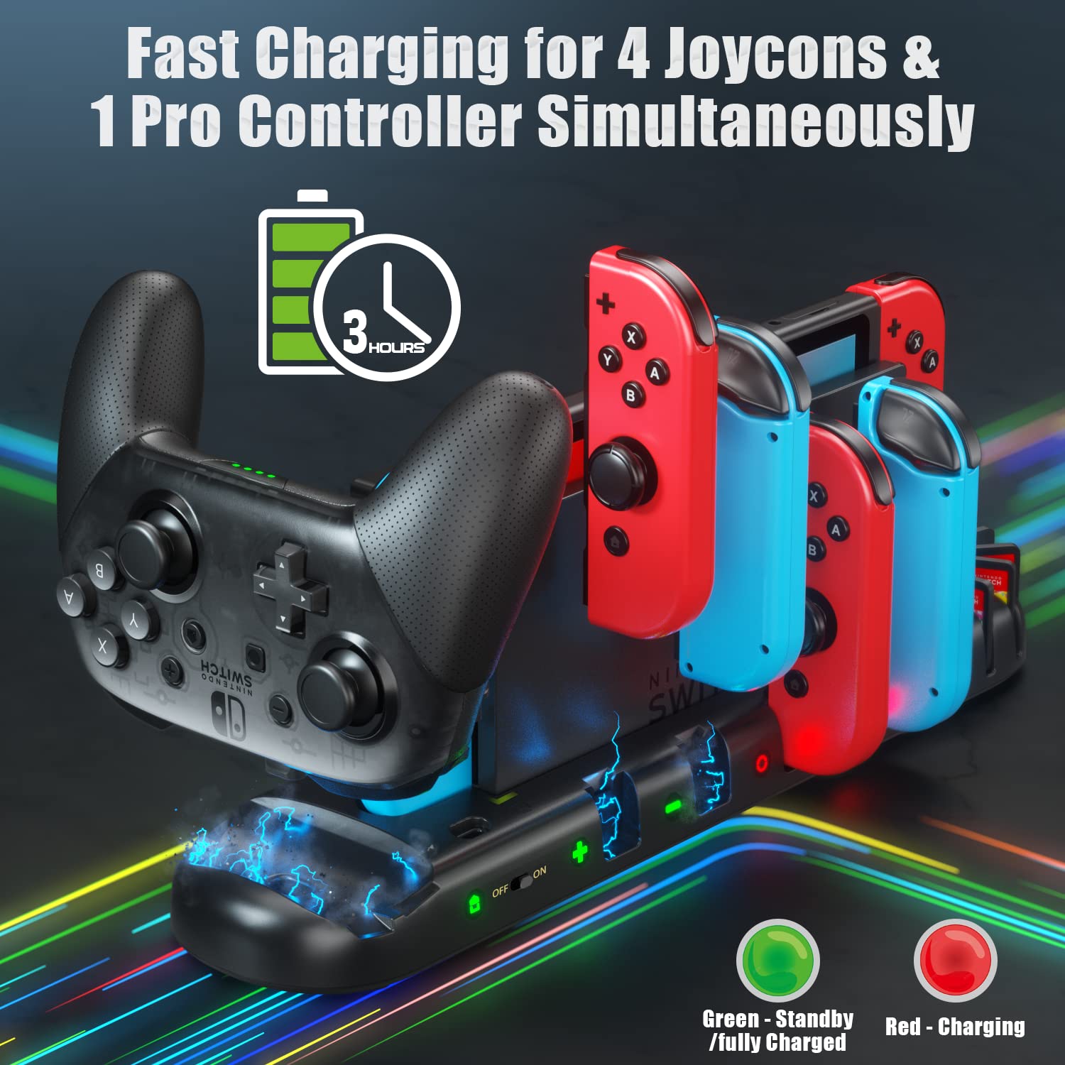 Switch Controller Charger for 6 Joy-Cons and Pro Controller, Switch Charger Dock with 2 Extended USB Ports, Switch Charging Stand Station with Detachable 8 Game Slots for Nintendo Switch & OLED Model