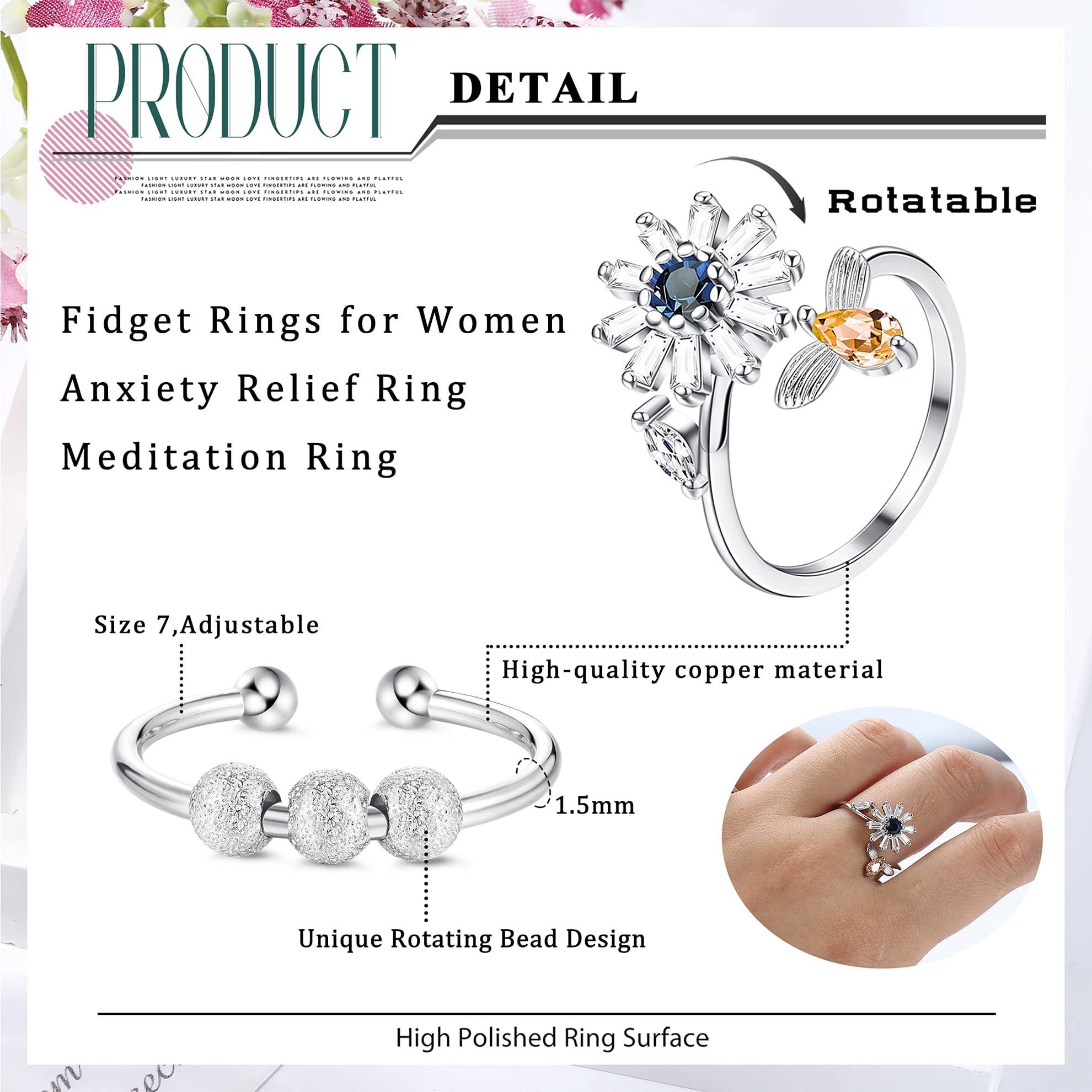 SAILIMUE 8Pcs Fidget Anxiety Rings for Women Fidget Rings for Anxiety Adjustable Open Fidget Ring Set with Box Cubic Zirconia Flower Beads Rotatable Worry Ring Anxiety Stress Relief Ring